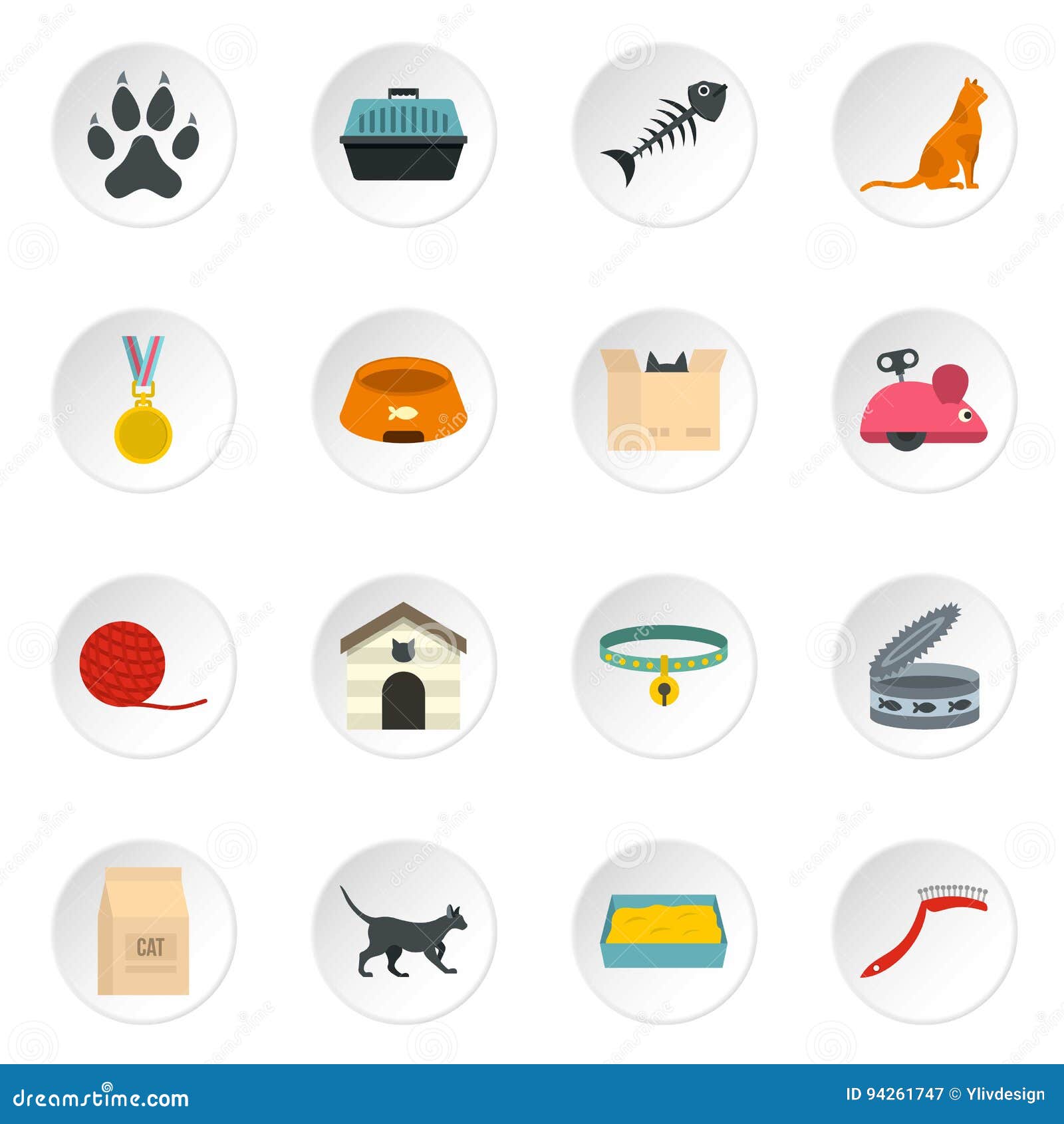 Cat Care Tools Icons Set in Flat Style Stock Vector - Illustration of ...