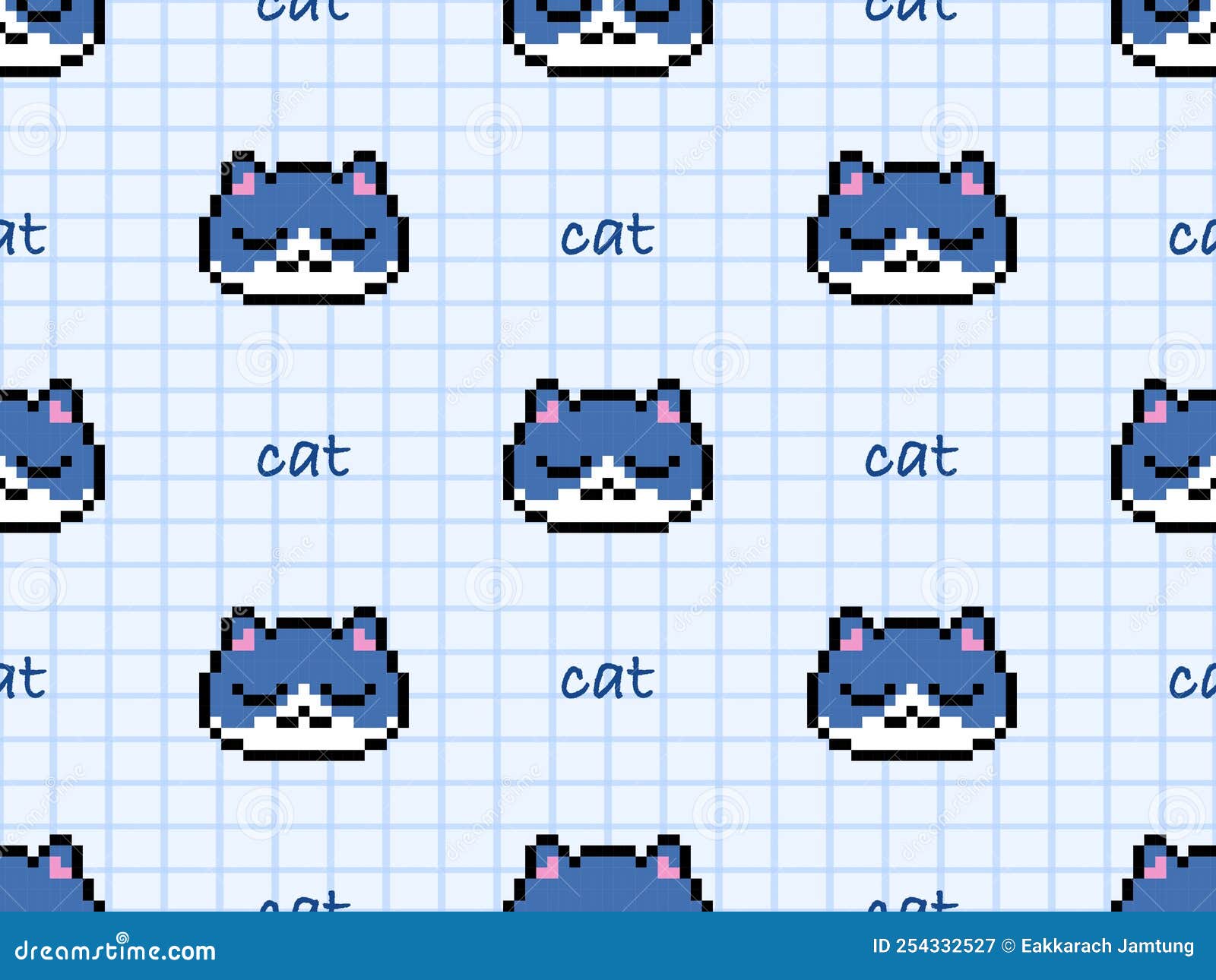 Cat Seamless Pattern on Blue Background. Pixel Style Stock Vector ...