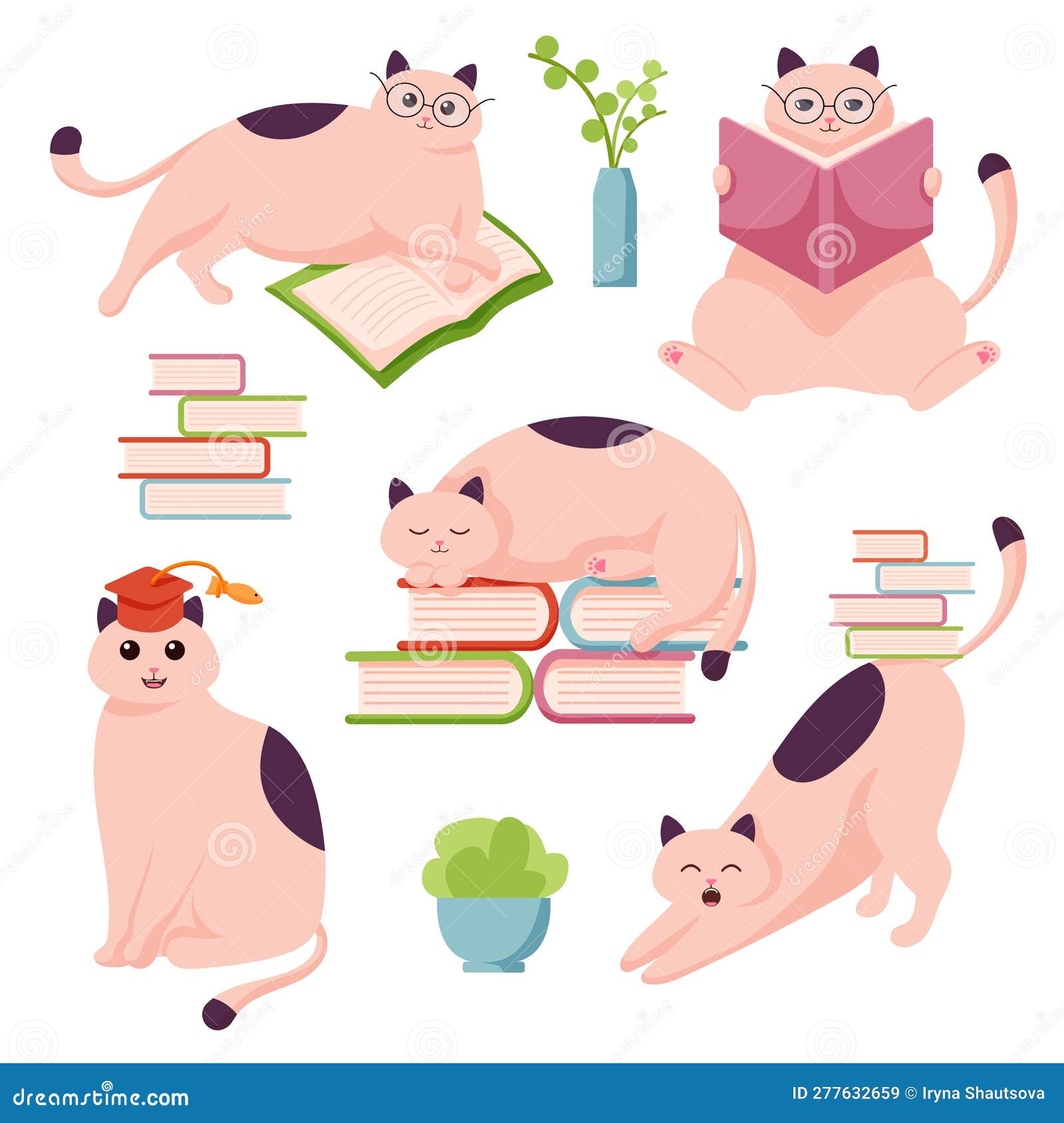 Cat Character Study Flat Collection. Set of Smart Cat Characters ...