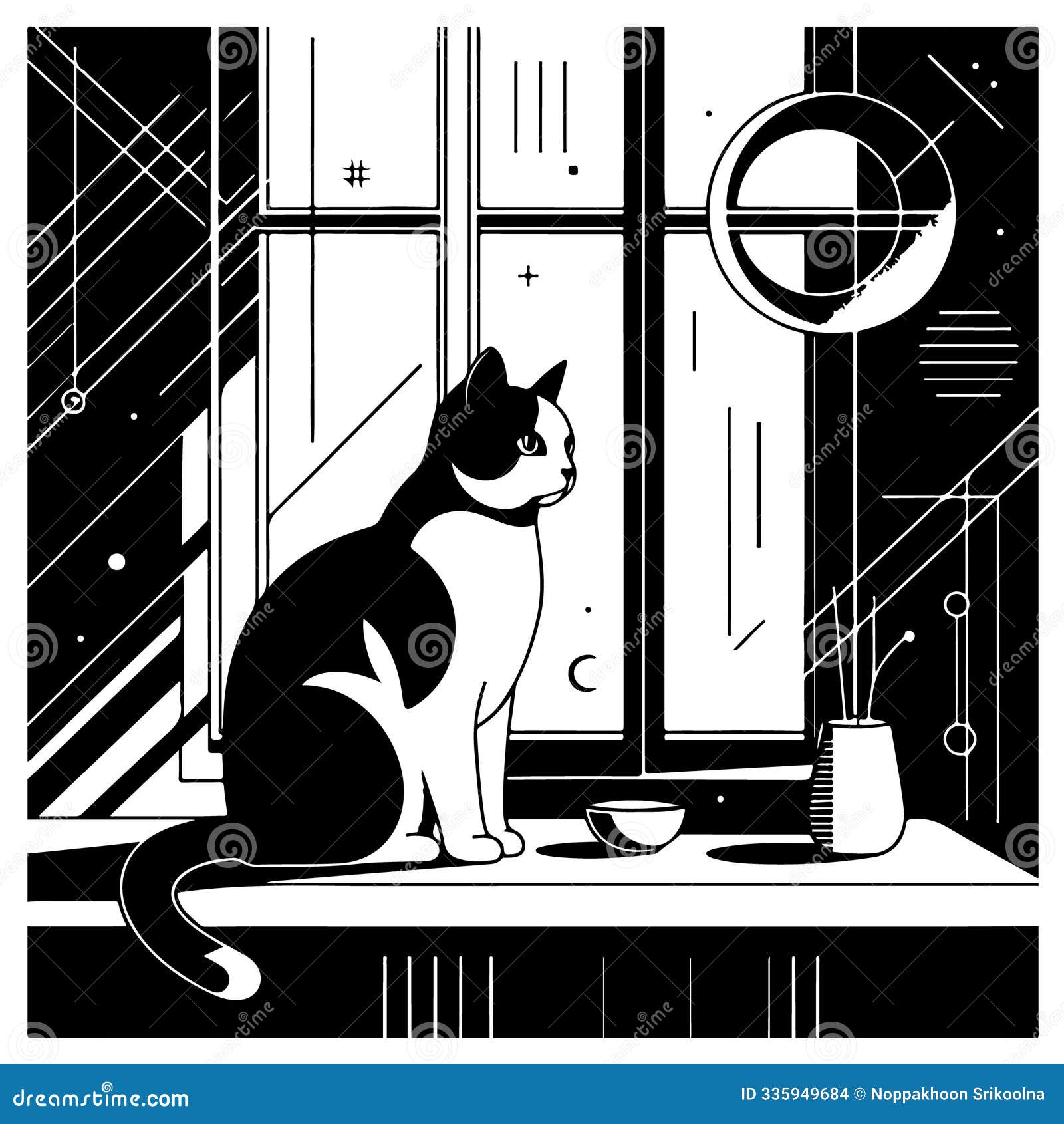 Cat Chasing a Mouse in Black and White Vector Style Stock Illustration ...