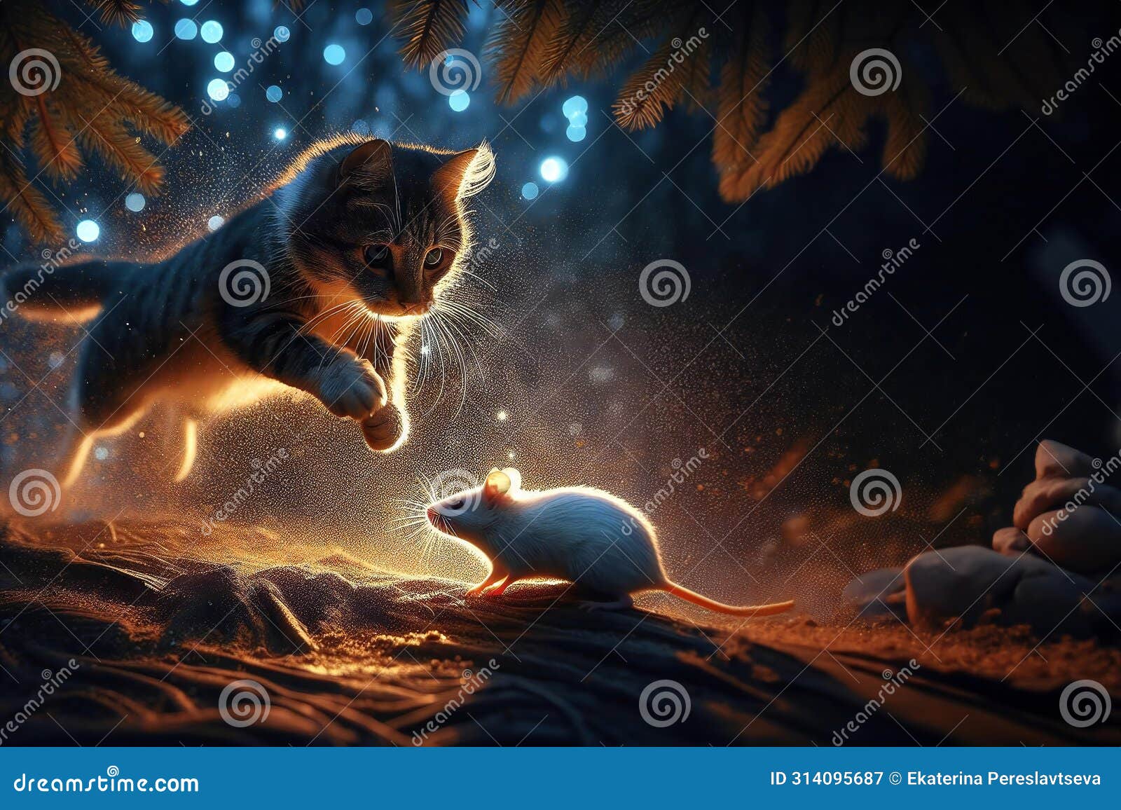 A Cat is Chasing Mouse in a Dark Forest Stock Image - Image of white ...