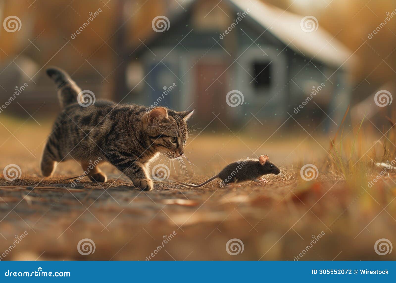 The Cat is Chasing a Mouse Outside in the Grass As it Walks Stock ...