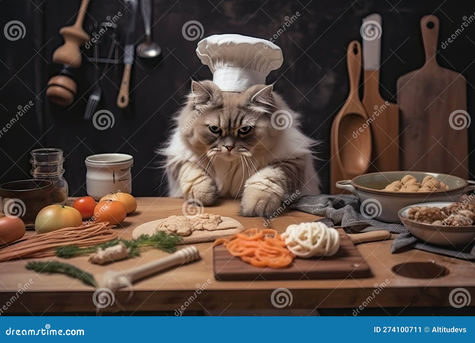 Cat Chef Creating Culinary Masterpiece with Ingredients and Tools Stock ...
