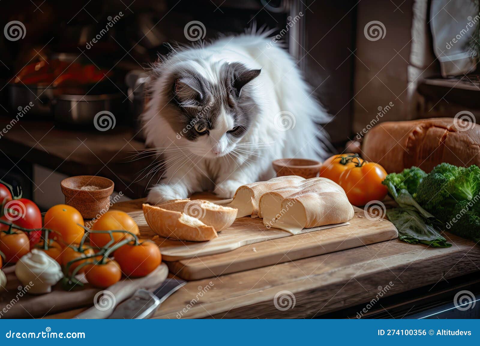 Cat Chef Preparing a Feast of Fish, Cheese and Vegetables for Hungry ...