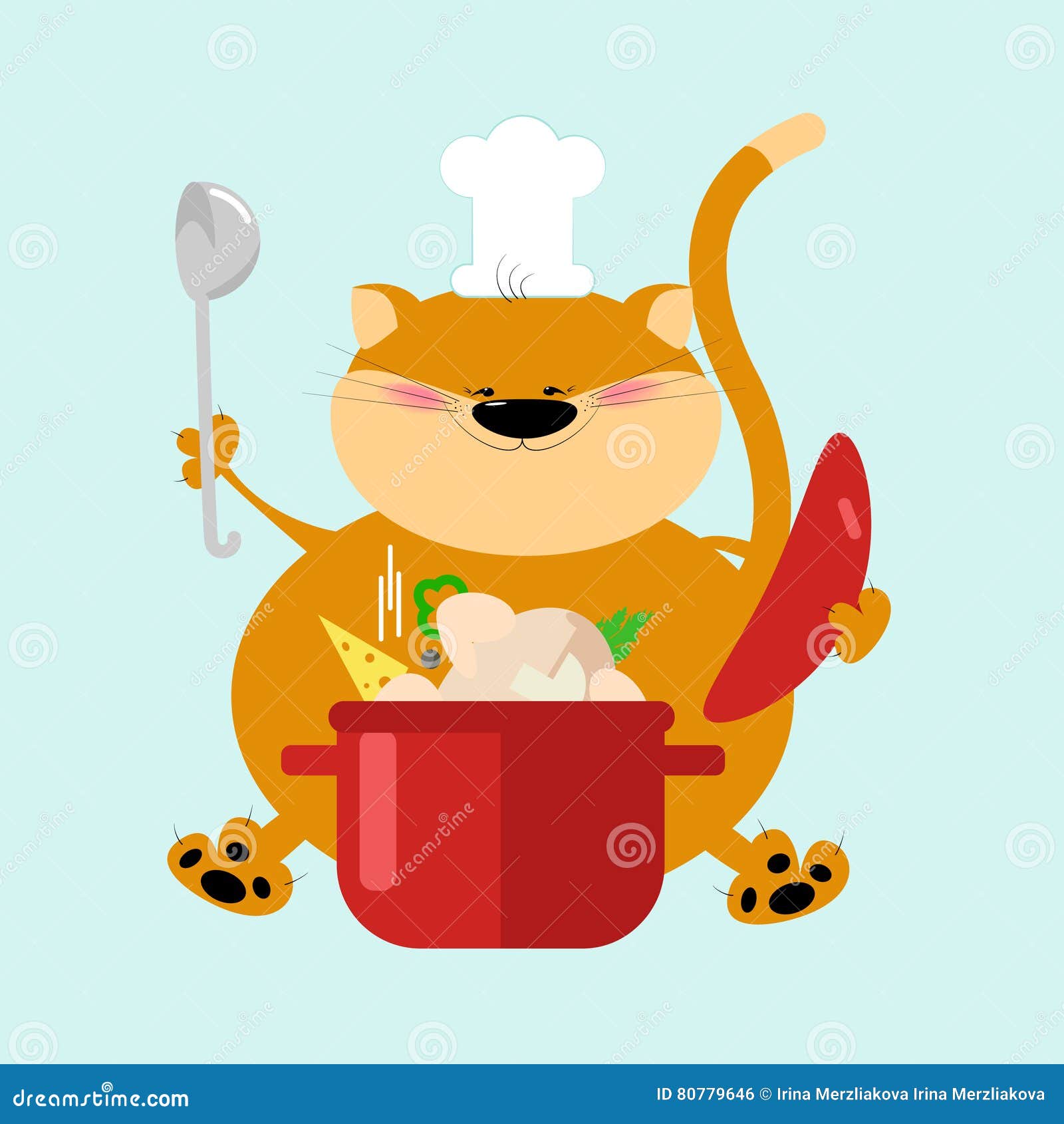 Cat Chef Sits with a Pot of Ready Meals Funny Cartoon Cat Chef. Stock ...