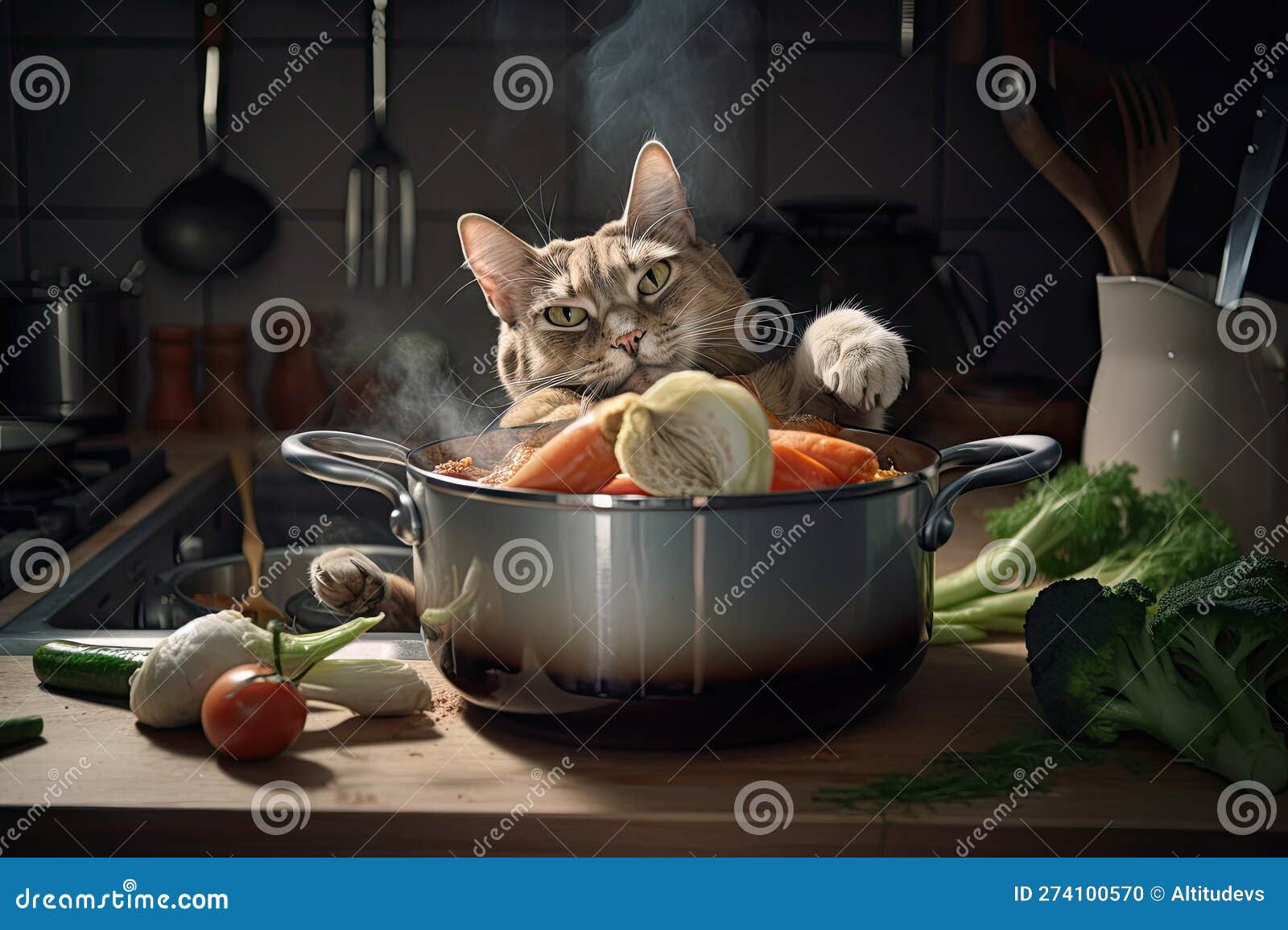 Cat Chef Stirring Pot Full of Freshly Cooked Chicken and Vegetables ...
