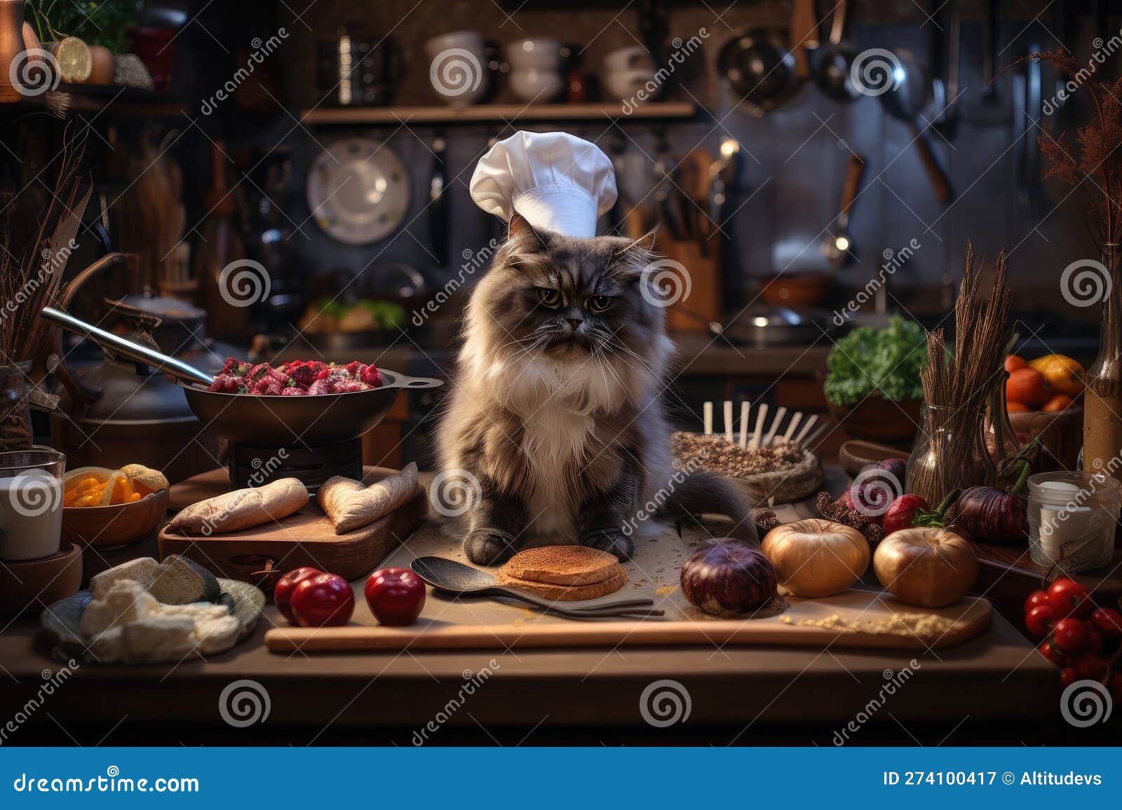 Cat Chef, Surrounded by Ingredients and Tools for Cooking, with View of ...
