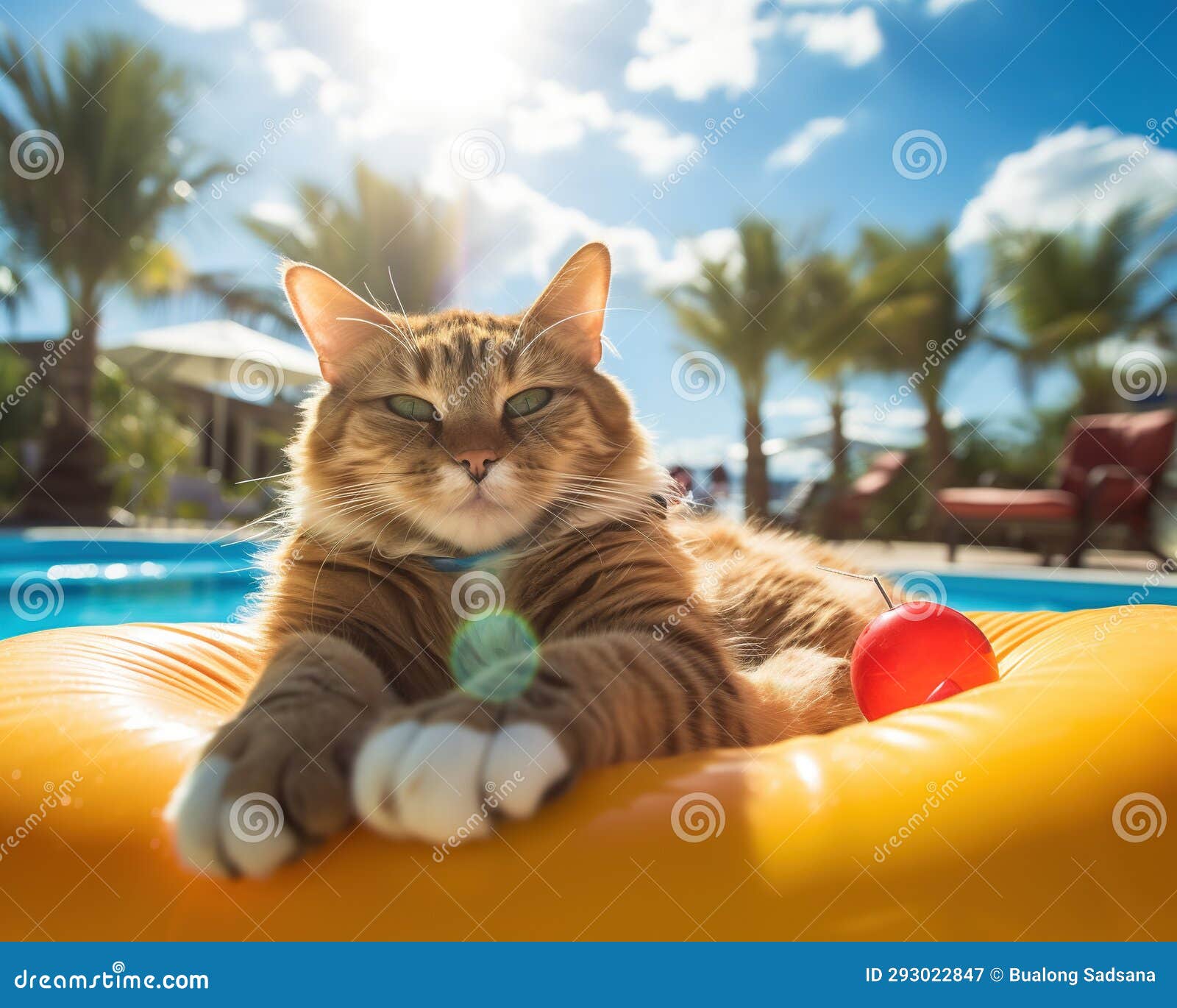 Cat is Chilling on a Pool Float and Playing with Toys. Stock ...