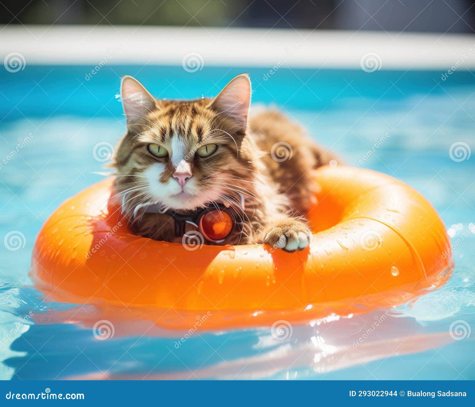 Cat is Chilling on a Pool Float and Playing with Toys. Stock ...