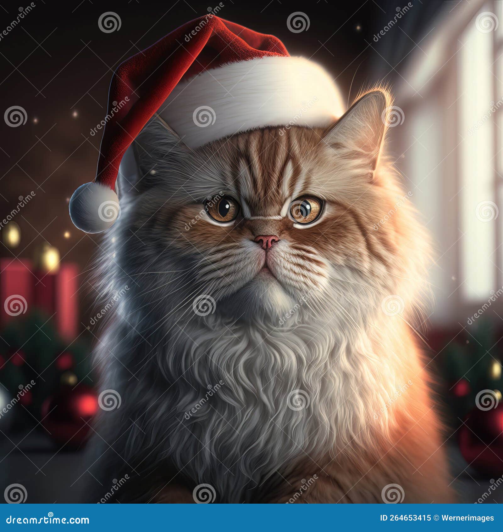 Cat with a Christmas Hat Illustration Generated by AI, Artificial ...