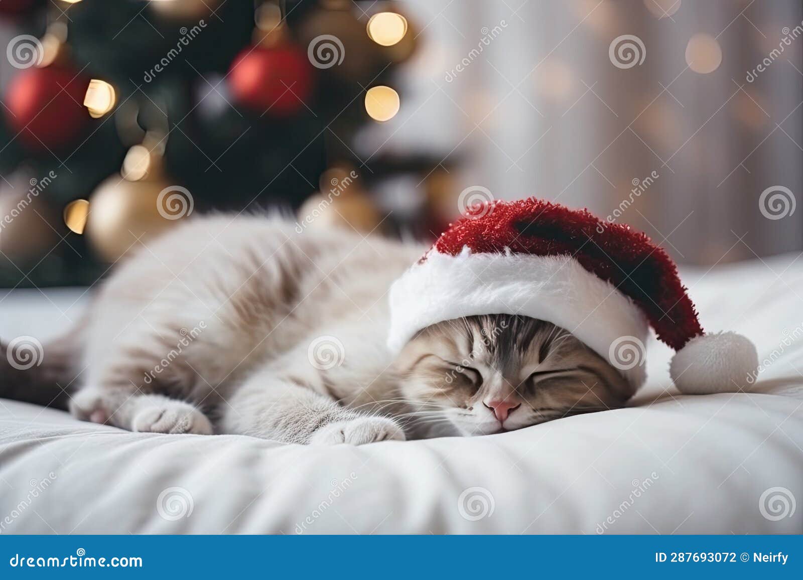 Cat in Christmas Hat Sleeping Stock Photo - Image of backgrounds ...