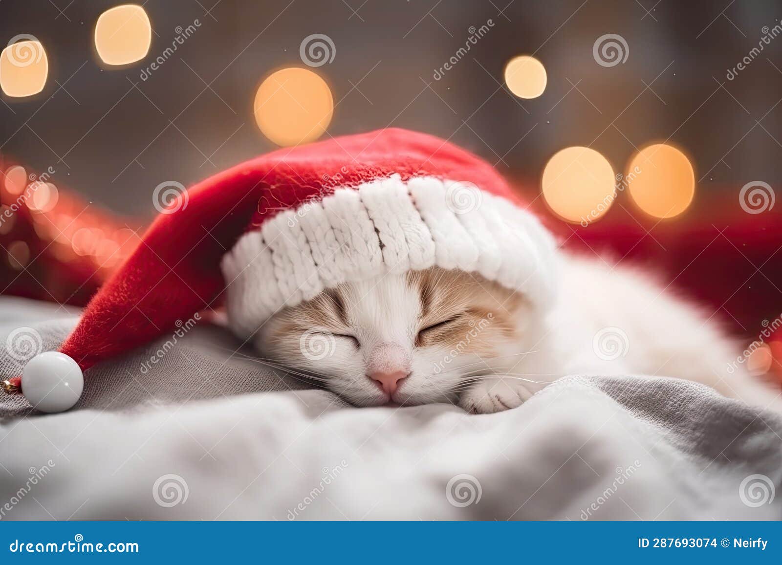 Cat in Christmas Hat Sleeping Stock Illustration - Illustration of ...