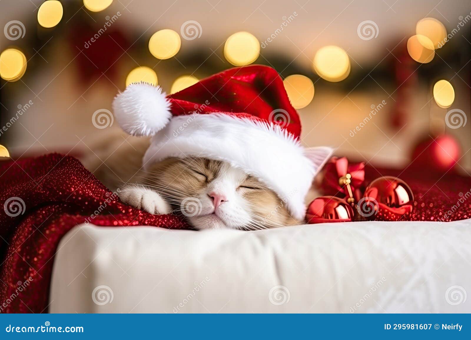 Cat in Christmas Hat Sleeping Stock Image - Image of bright, generated ...