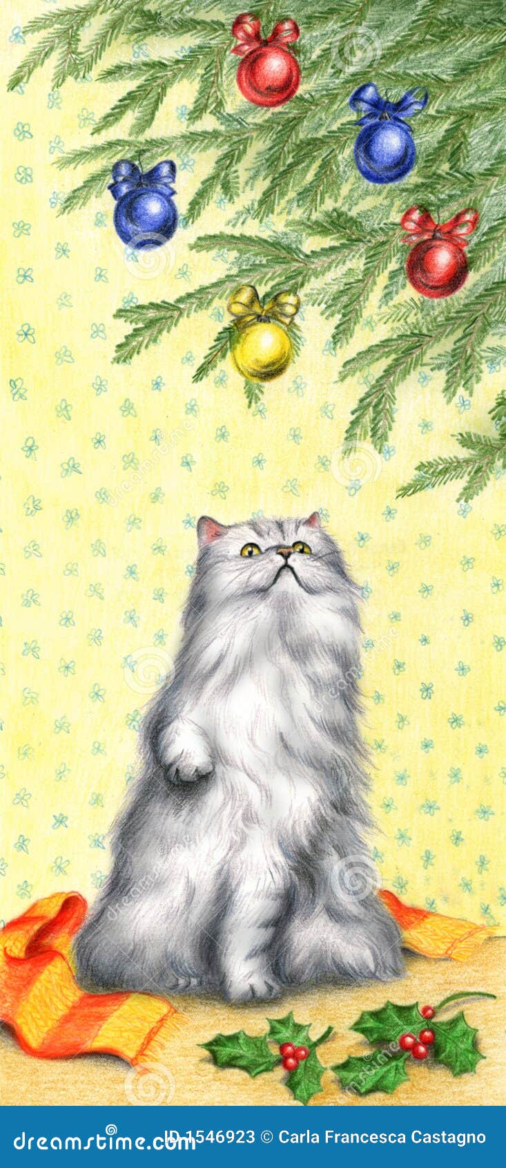 Cat and Christmas Tree Artwork Stock Illustration - Illustration of ...