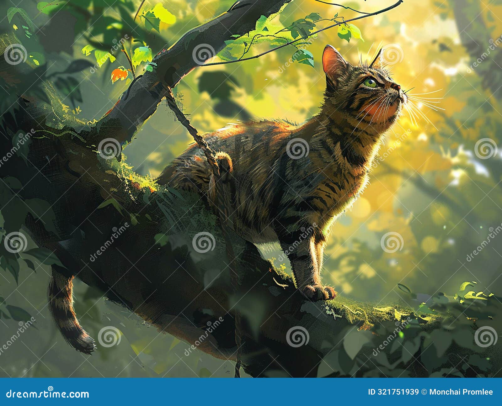 Cat Climbing Tree Dynamic Pose, Vivid Colors, Realistic Illustration ...