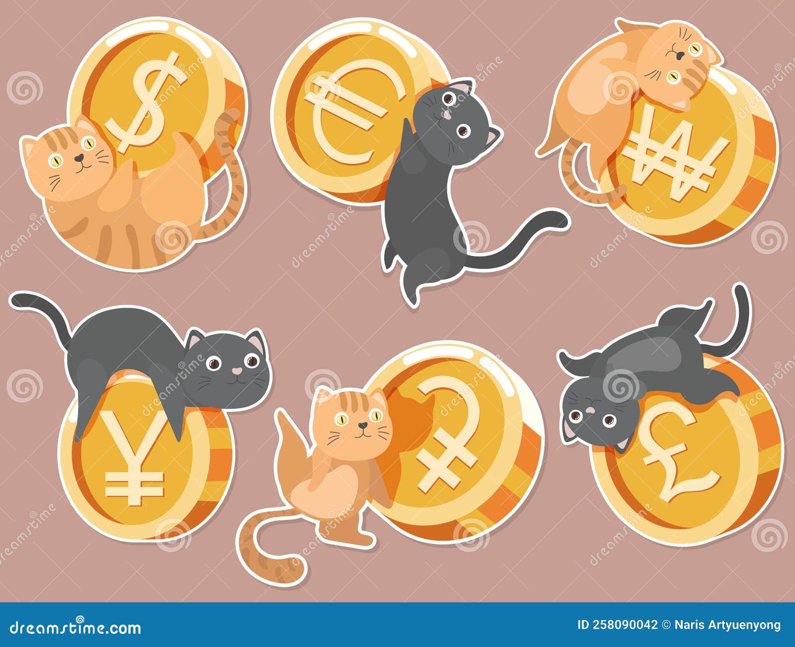 Cat and Coin Cartoon Sticker Stock Vector - Illustration of adorable ...