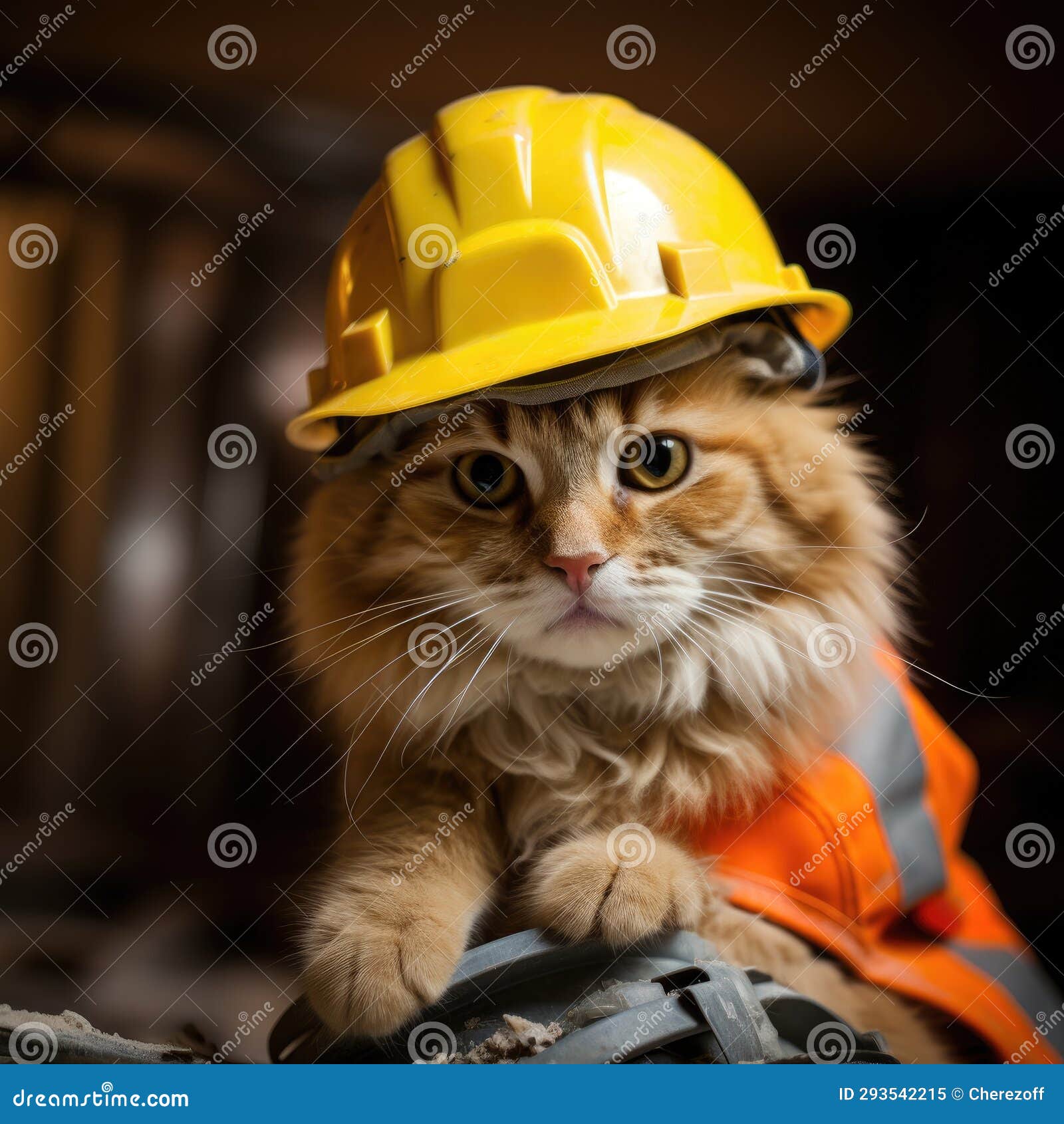 A Cat in a Construction Helmet Stock Image - Image of safety, cardboard ...