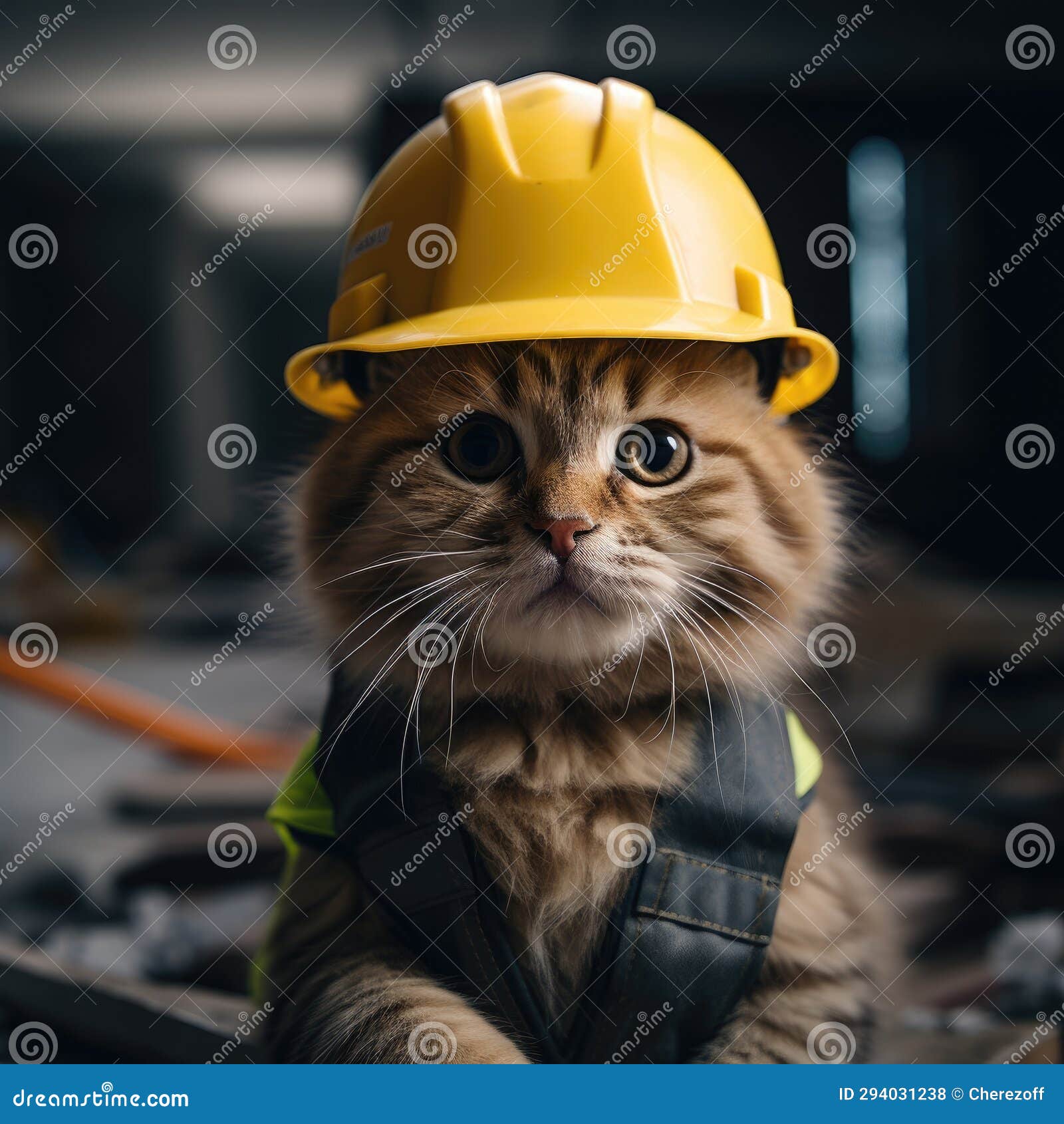 A Cat in a Construction Helmet Stock Photo - Image of carpenter, belt ...