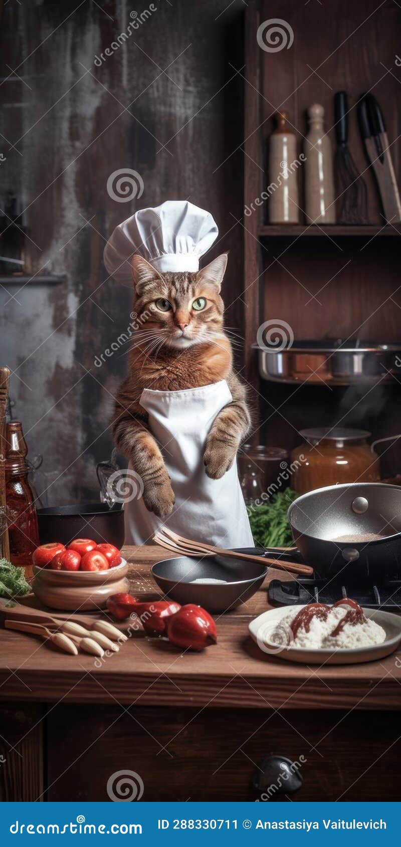 Cat Cooking in the Kitchen. Vertical Poster Stock Image - Image of menu ...