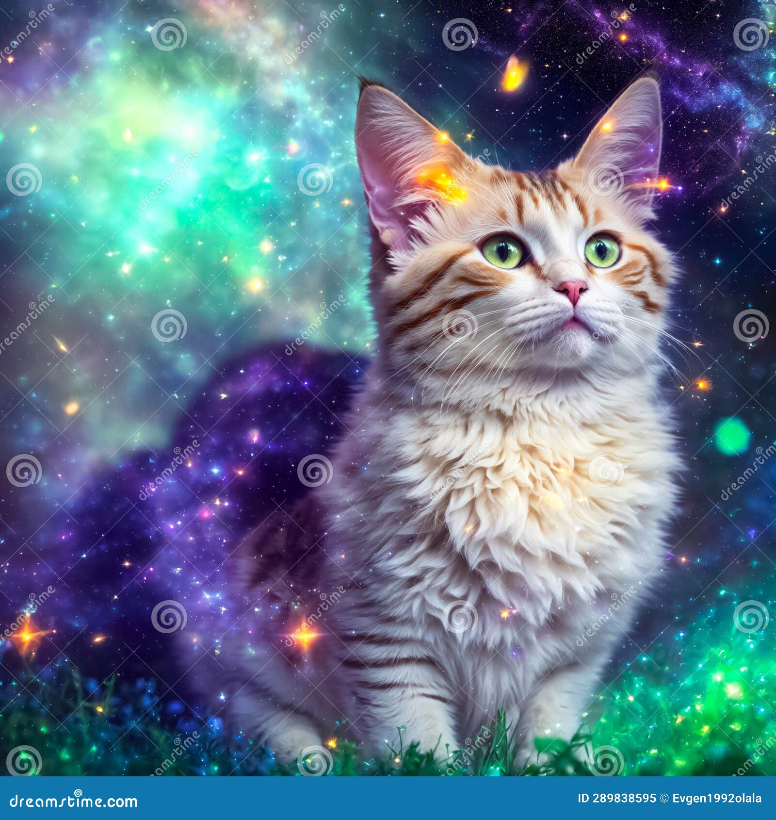 A Cat among Cosmic Nebulae and Glowing Lights. Generative AI Stock ...