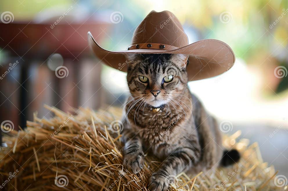 Cat in a Cowboy Hat Perched on a Haystack Stock Photo - Image of ...
