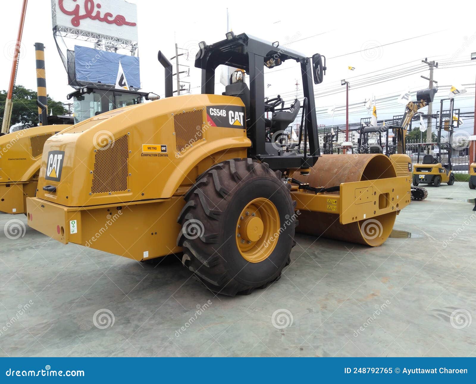 Vibratory Soil Compactor During Highway Building. Industrial Roadworks ...
