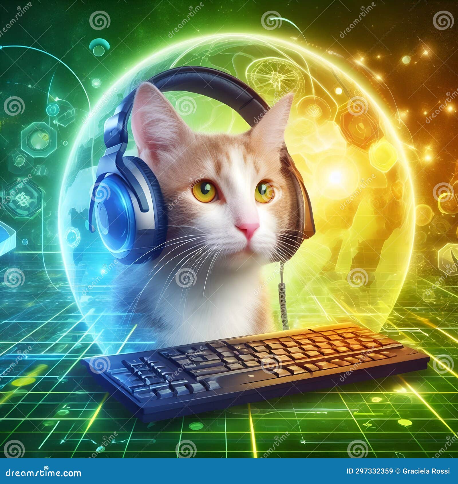 Cat in a Cyber Environment, with Computer Keyboard. Stock Illustration ...