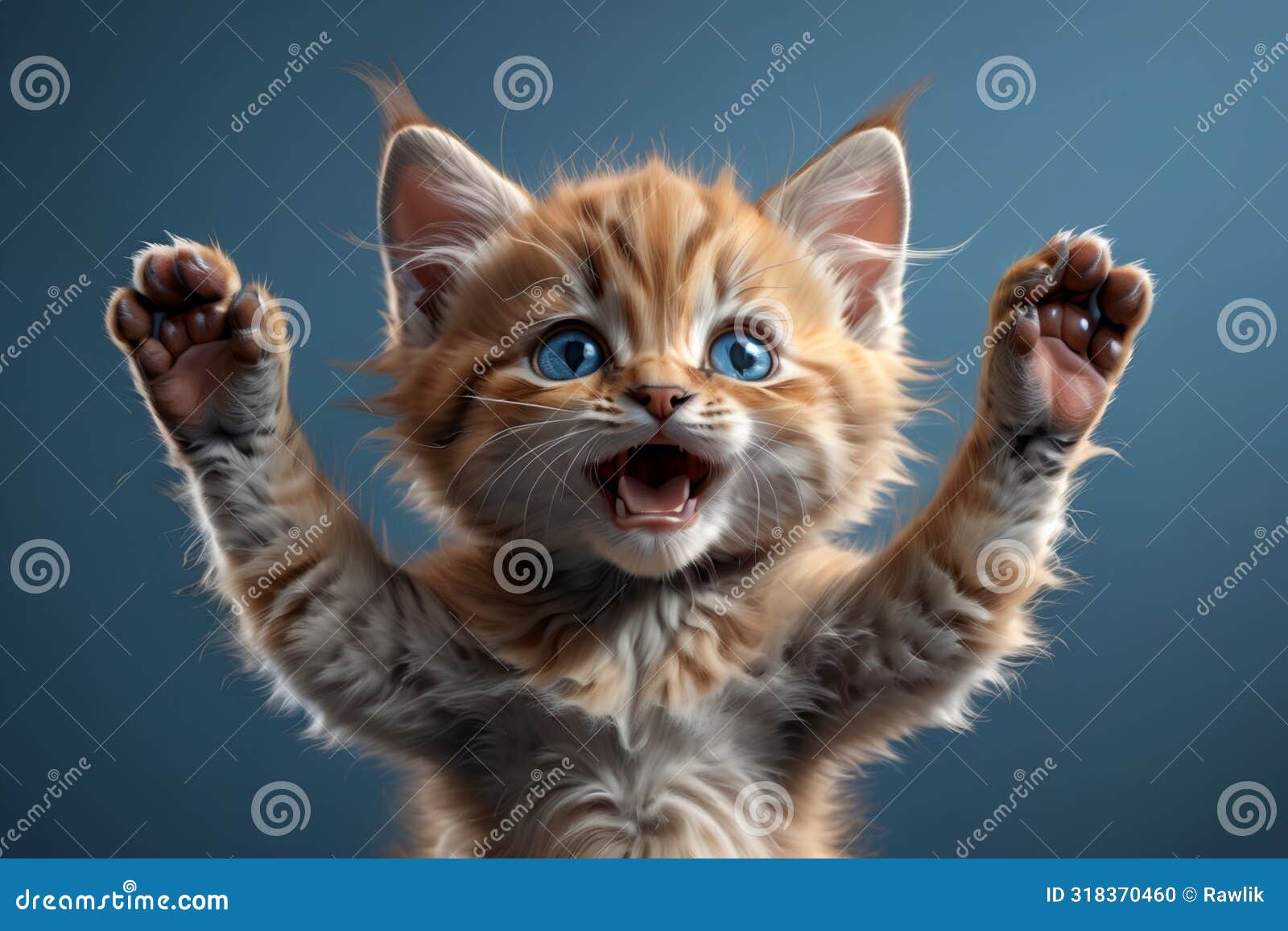 The Cat is Delighted with His Paws Raised Up, Isolated on a Blue ...