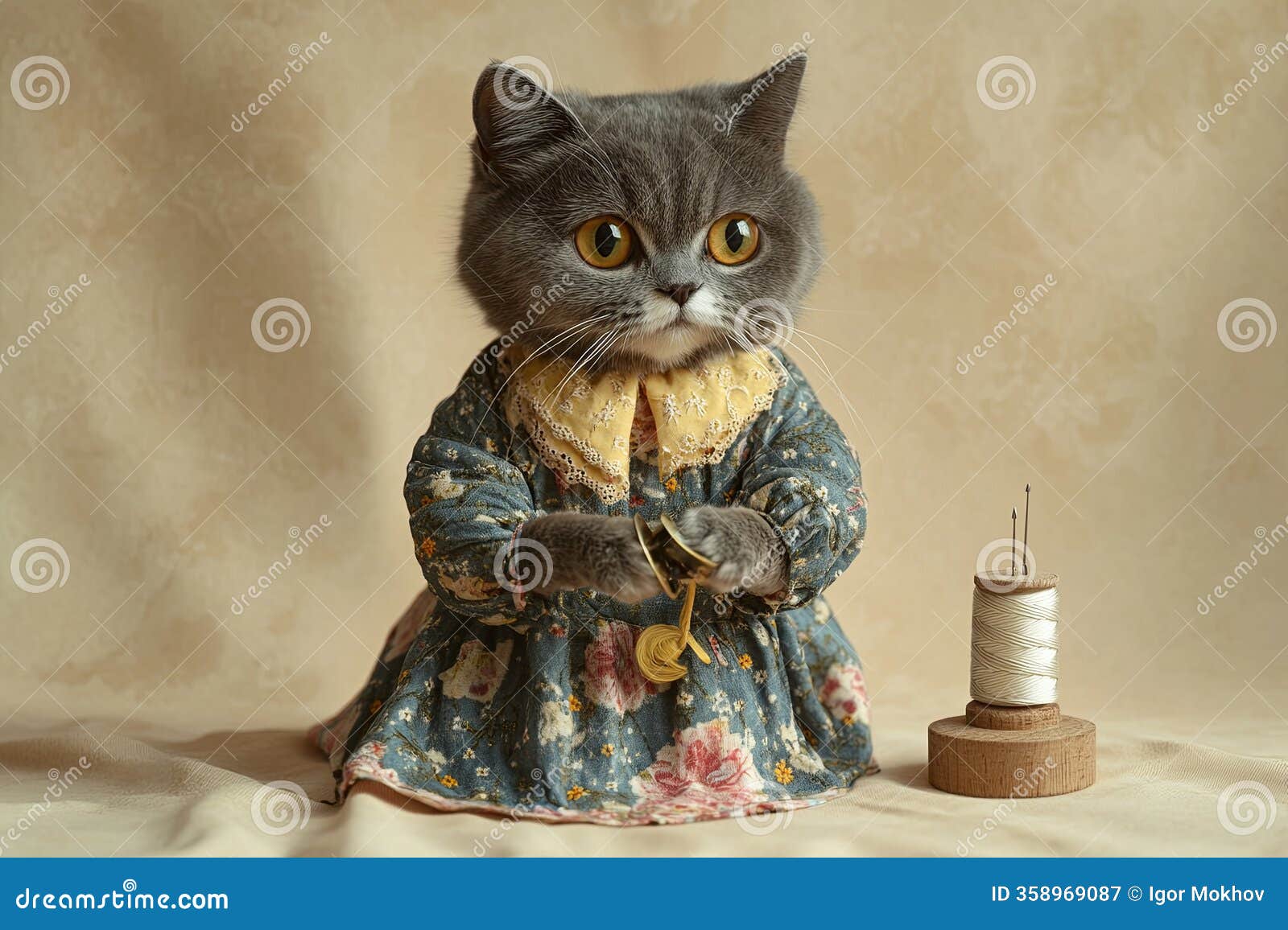 A Cat Depicted As a Seamstress, with a Tiny Spool of Thread and a ...