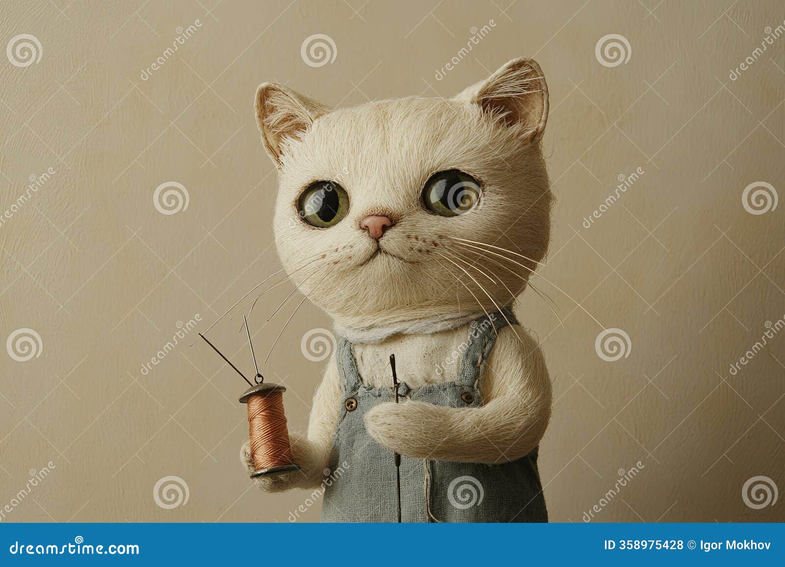 A Cat Depicted As a Seamstress, with a Tiny Spool of Thread and a ...