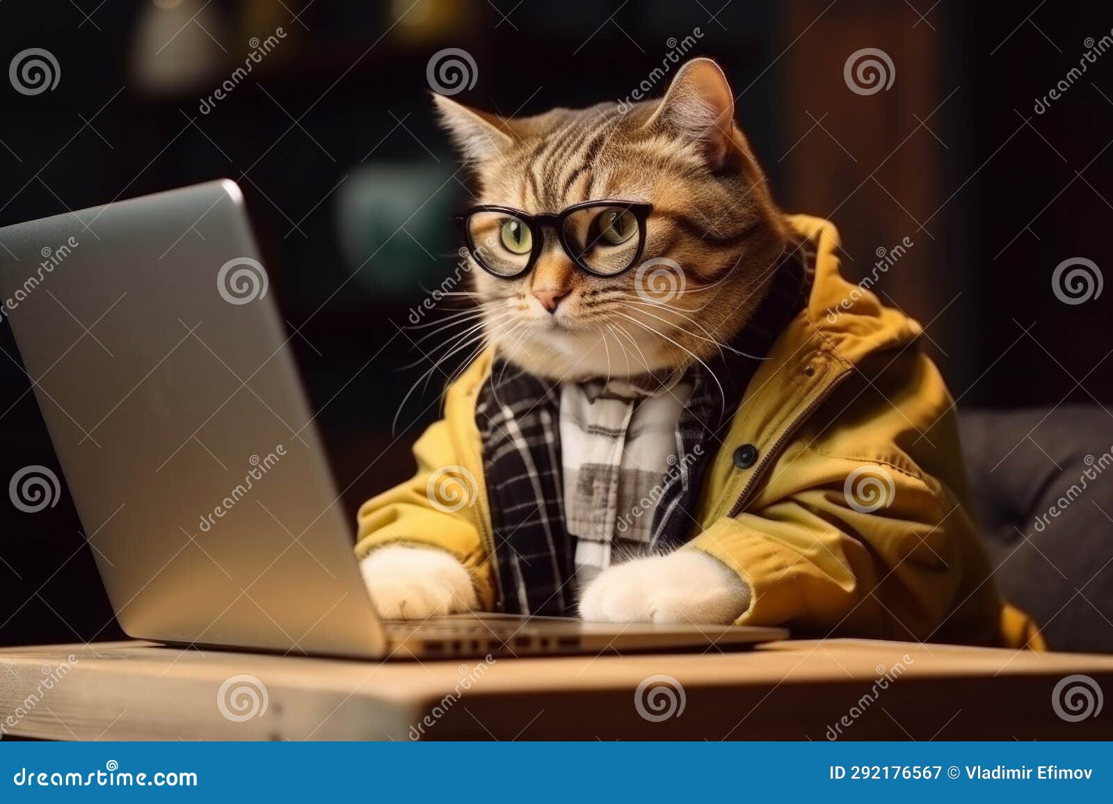 Cat Designer In A Knitted Hat And Glasses Working On A Laptop Stock