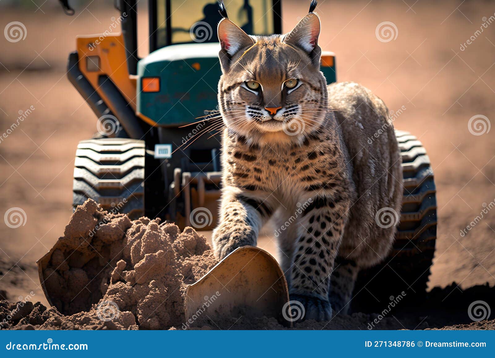 The Cat is Digging the Ground Against the Backdrop of a Tractor ...