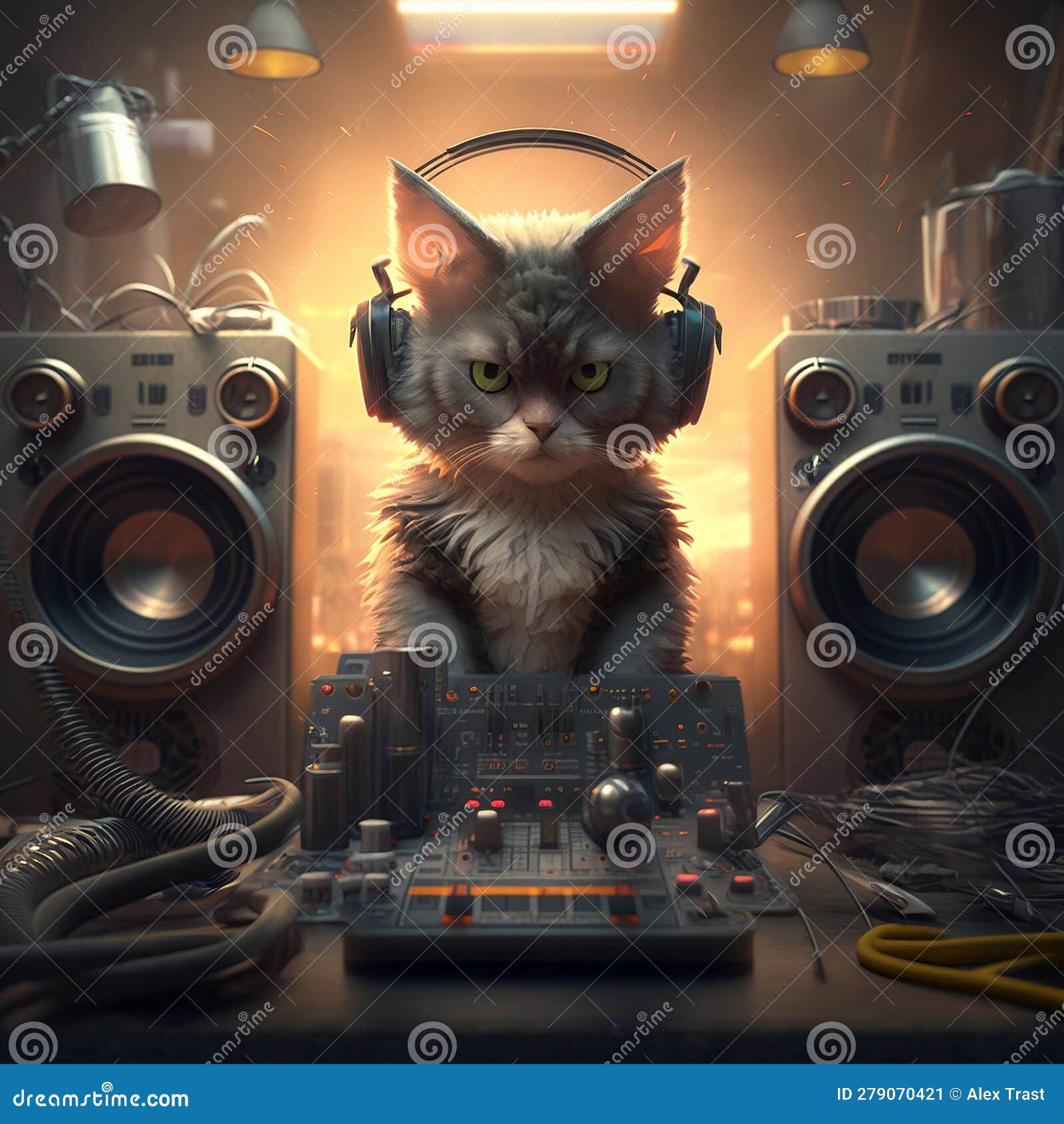 Cat Dj at the Console, Generated by Ai Stock Illustration ...