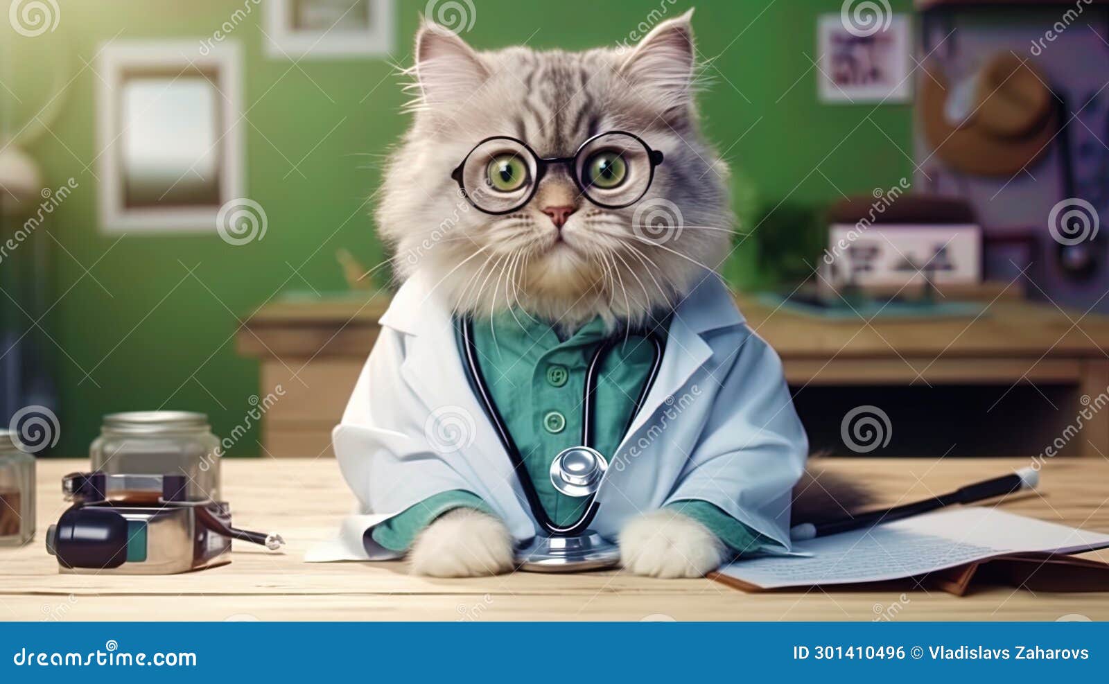 A Cat Doctor with a Medical Form and a Stethoscope on the Neck Stock ...