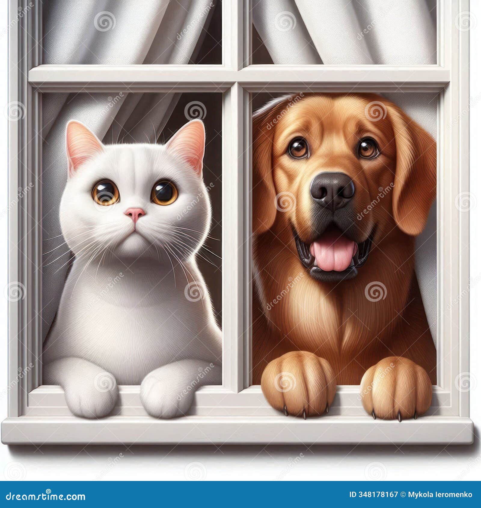 A Cat and a Dog Look Out of a Window with White Curtains. Stock Image ...