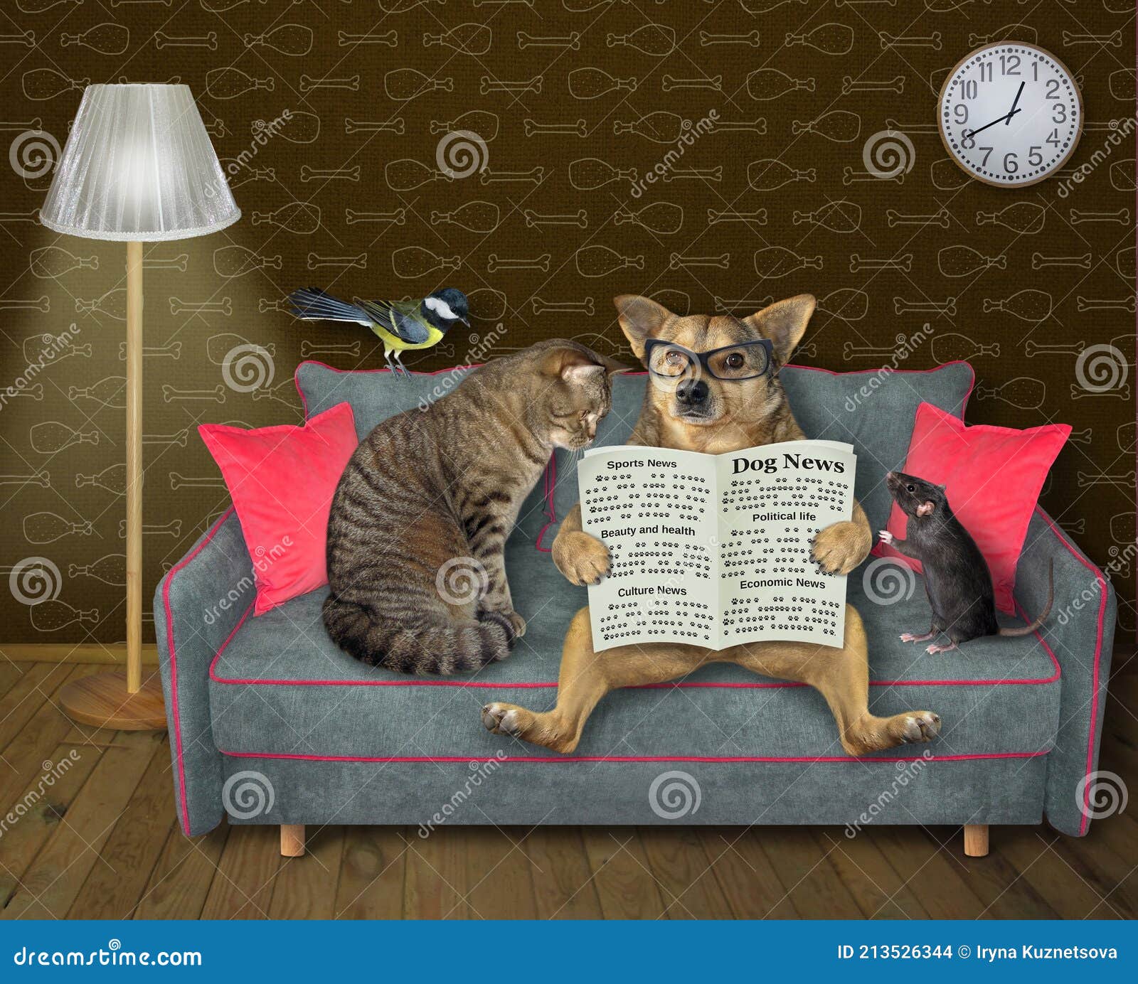 Cat with Dog Read Newspaper at Home Stock Photo - Image of cushion ...