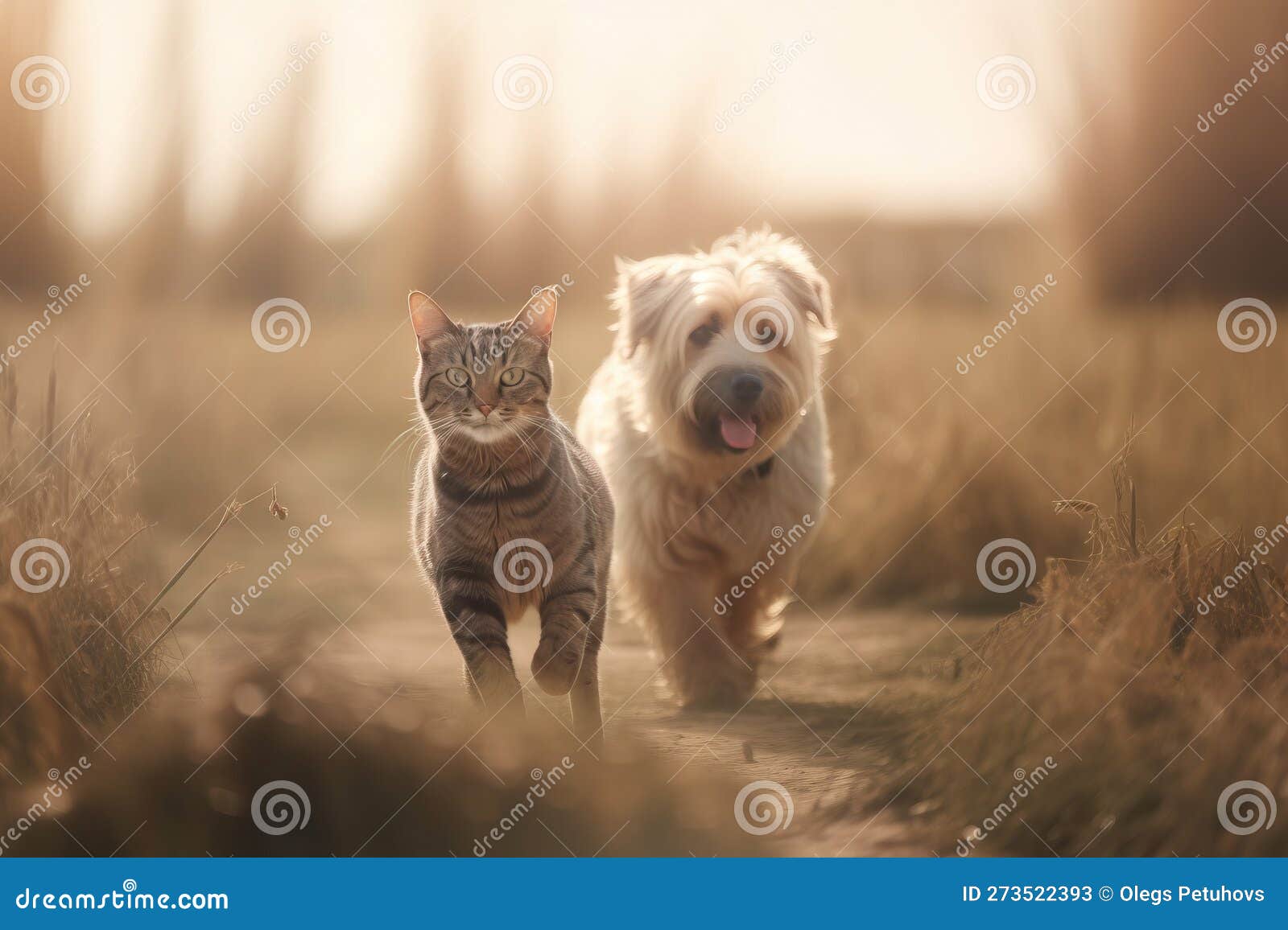 A Cat and a Dog are Running Down a Path Together Stock Image - Image of ...