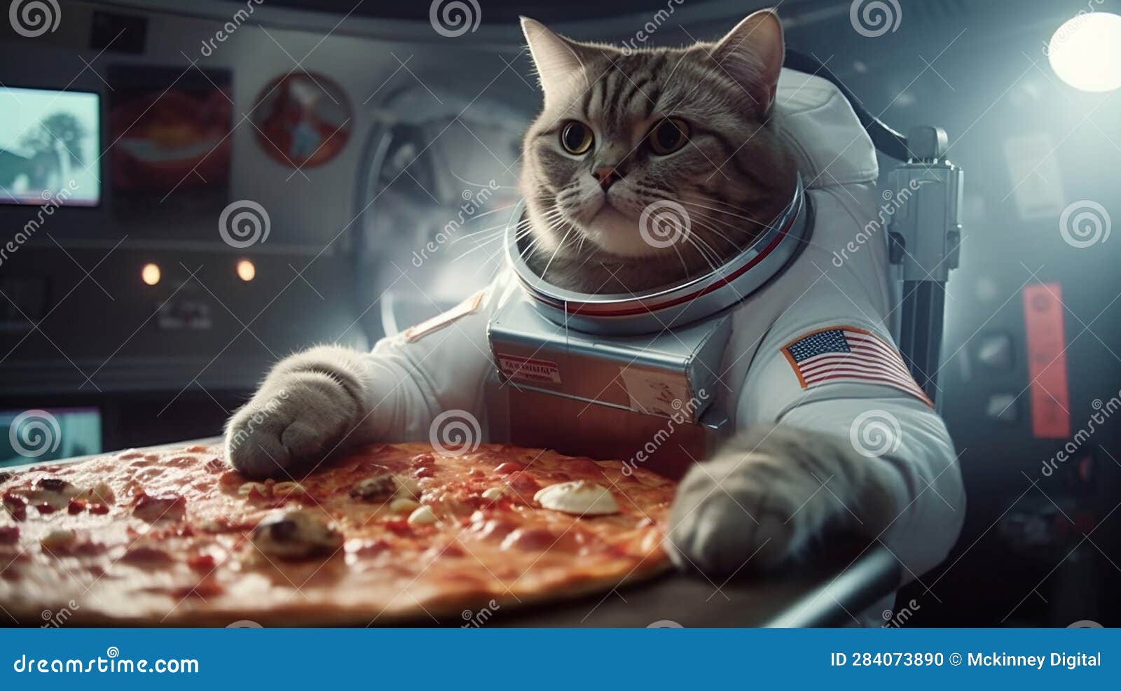 Cat Dressed As Astronaut in Outer Space Holding a Pizza. Created Using ...