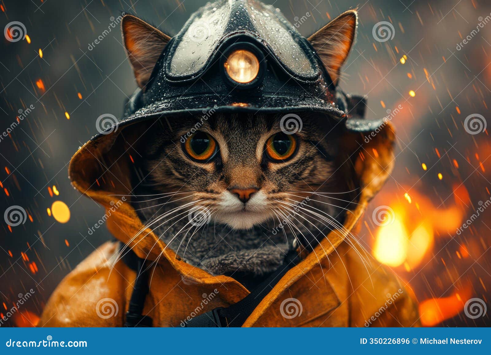 Cat Dressed As Firefighter Facing Fire with Sparks and Rain in Dramatic ...