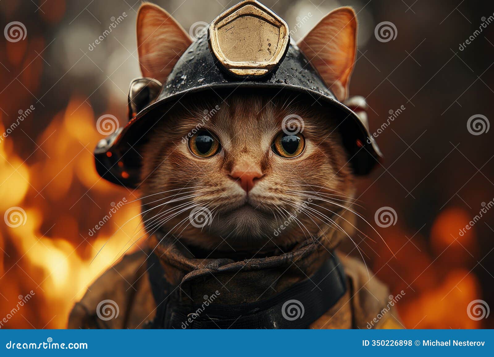Cat Dressed As Firefighter Facing Fire with Sparks and Rain in Dramatic ...