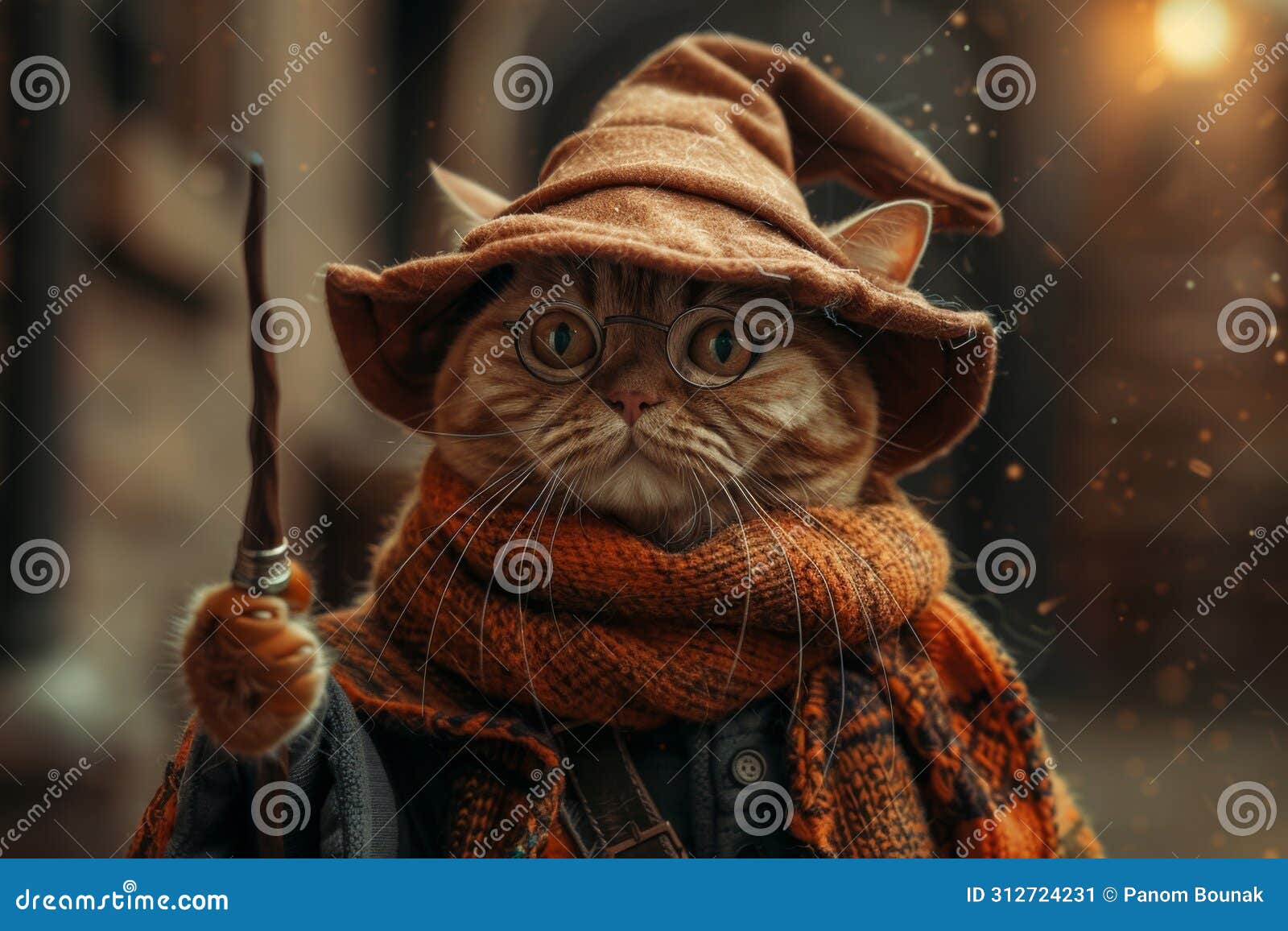 A Cat Dressed As a Wizard Holding a Wand Amidst Magical Sparks in a ...