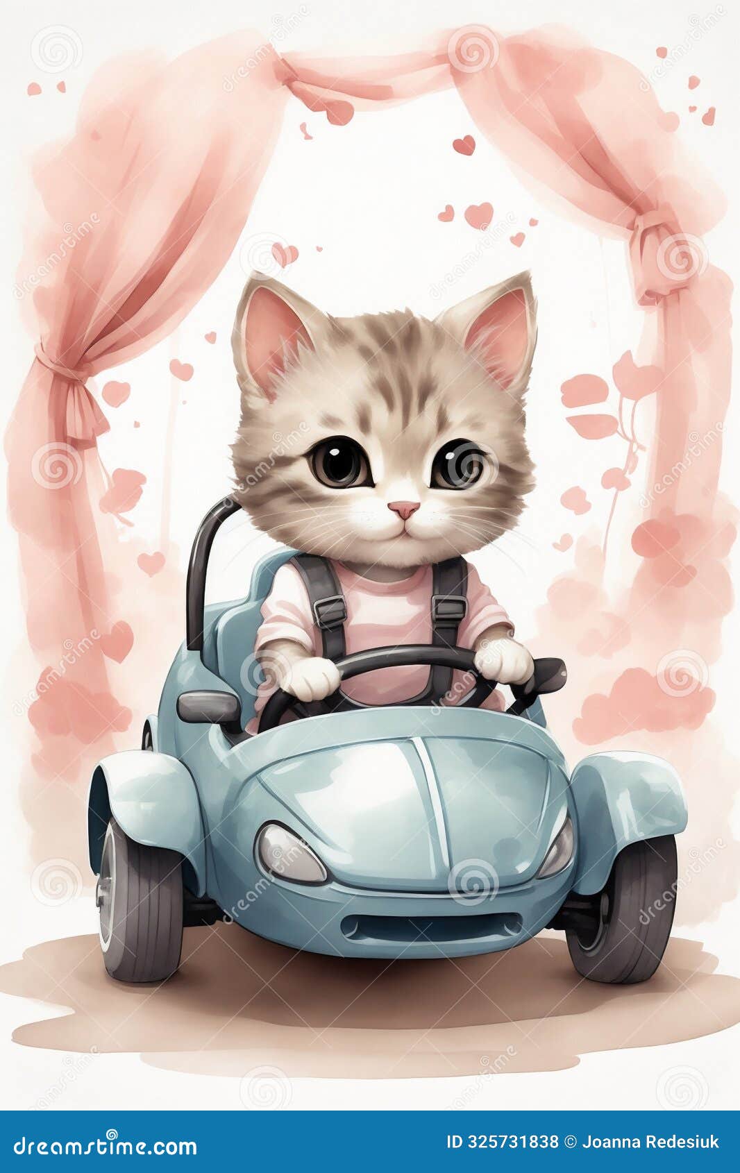 A Cat Dressed in a Racing Suit Sits in a Small White Car with a Red ...