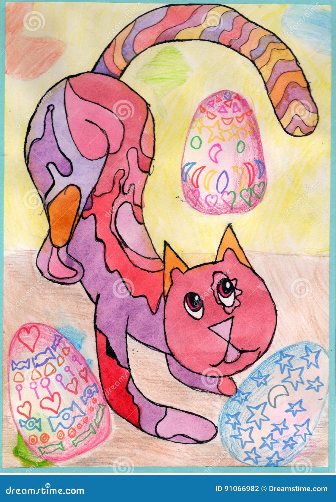 The cat with Easter eggs stock illustration. Illustration of ornamental ...