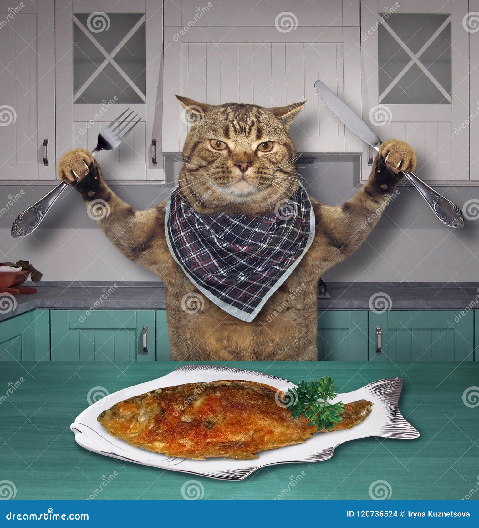 Cat Eats Fish in the Kitchen Stock Photo - Image of plate, humor: 120736524