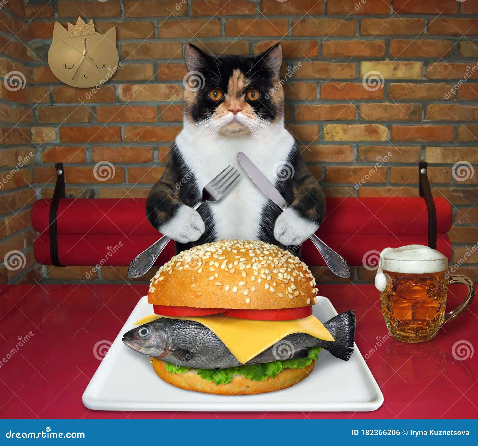 Cat Eats Fresh Fish Burger in Restaurant 2 Stock Photo - Image of ...