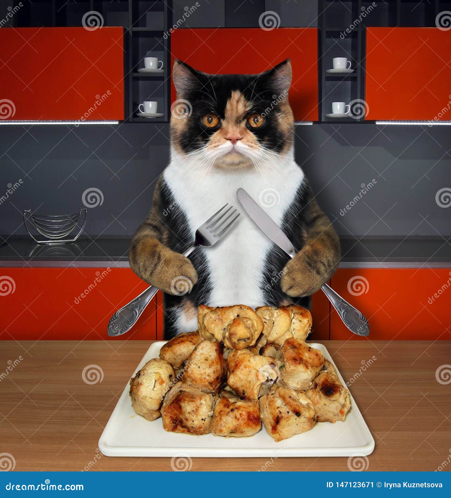 Cat Eats Grilled Meat in a Kitchen 2 Stock Image - Image of barbecue ...