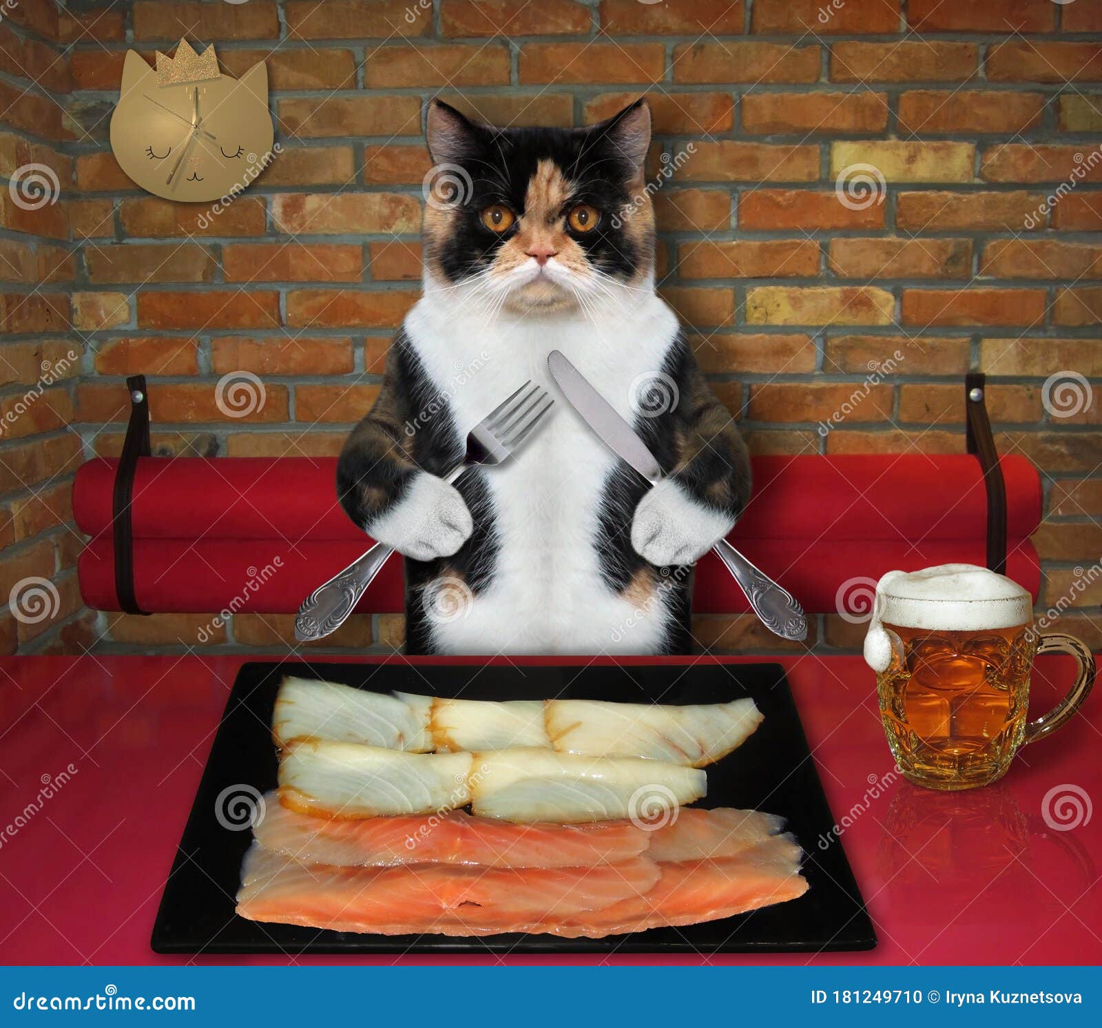 Cat Eats Smoked Fish in Restaurant Stock Photo - Image of drink, feed ...