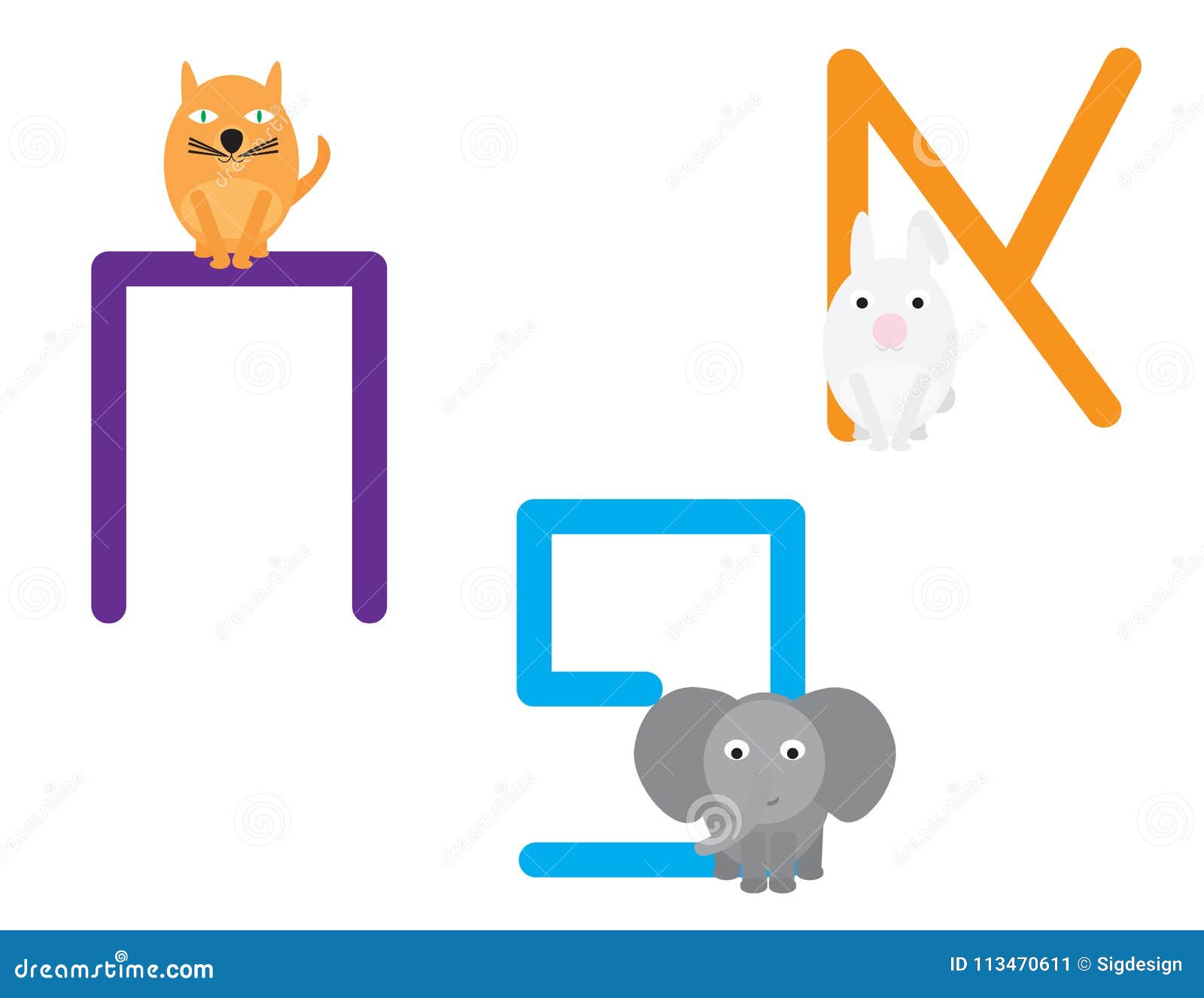 Hebrew Letters with Animals Cartoon. Cat, Elephant and Rabbit Stock ...