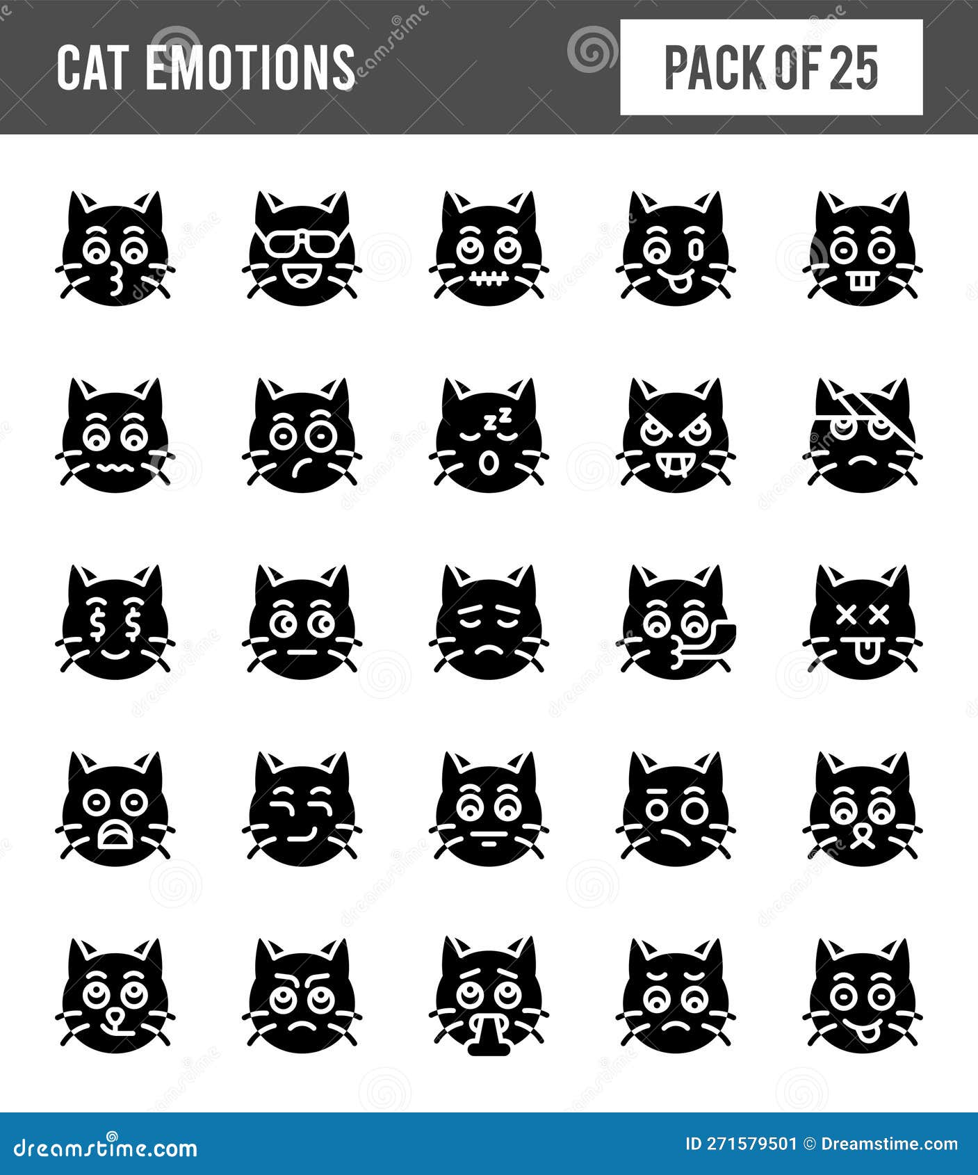 25 Cat Emotions Glyph Icon Pack. Vector Illustration Stock Vector ...