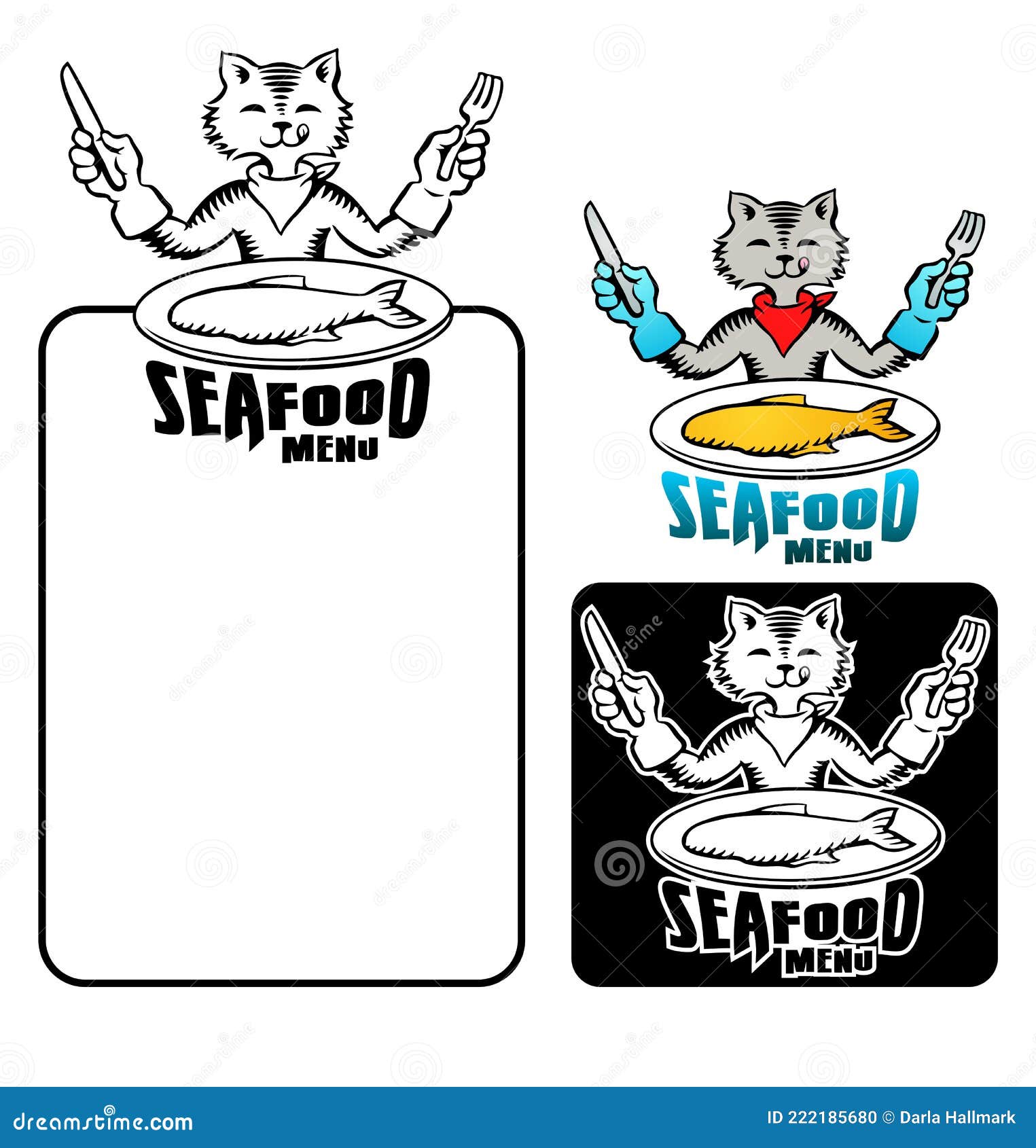 Cat Enjoying Seafood, Menu Design Stock Vector - Illustration of border ...